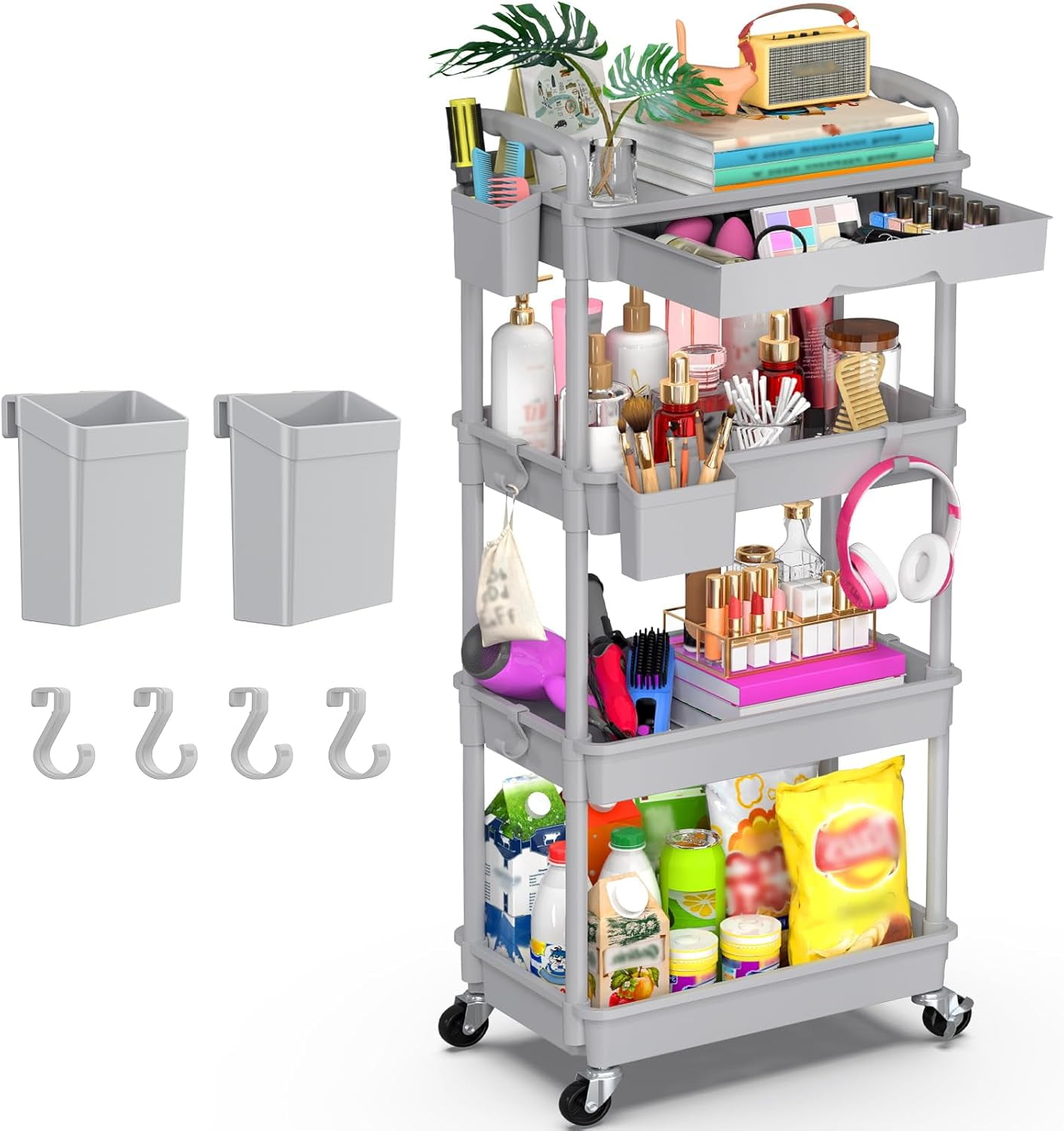 4 Tier Rolling Utility Cart Organizer with Removable Drawer, Stable and ...