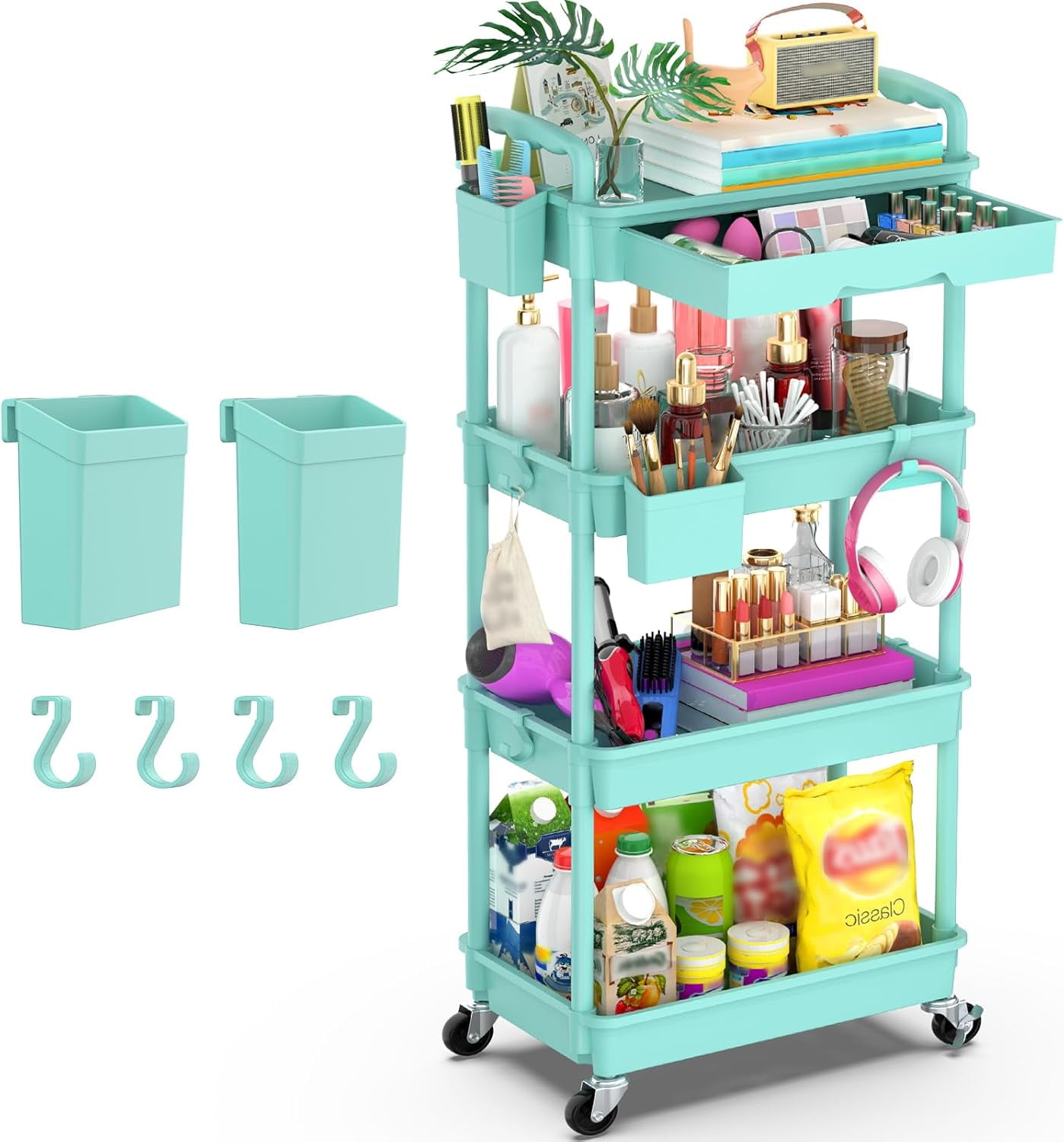 4 Tier Rolling Utility Cart Organizer with Removable Drawer, Stable and ...