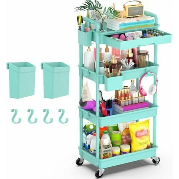 4 Tier Rolling Utility Cart Organizer with Removable Drawer, Stable and ...