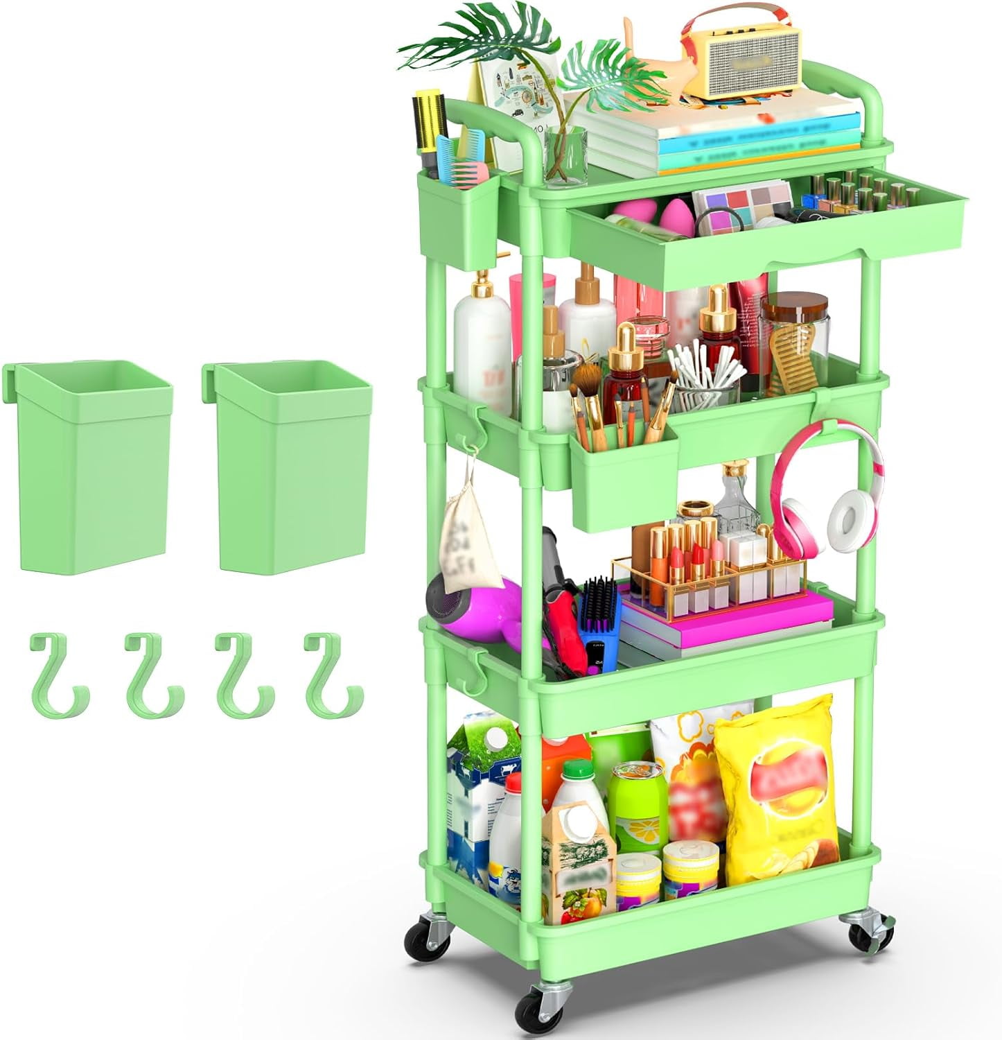 4 Tier Rolling Utility Cart Organizer with Removable Drawer, Stable and ...