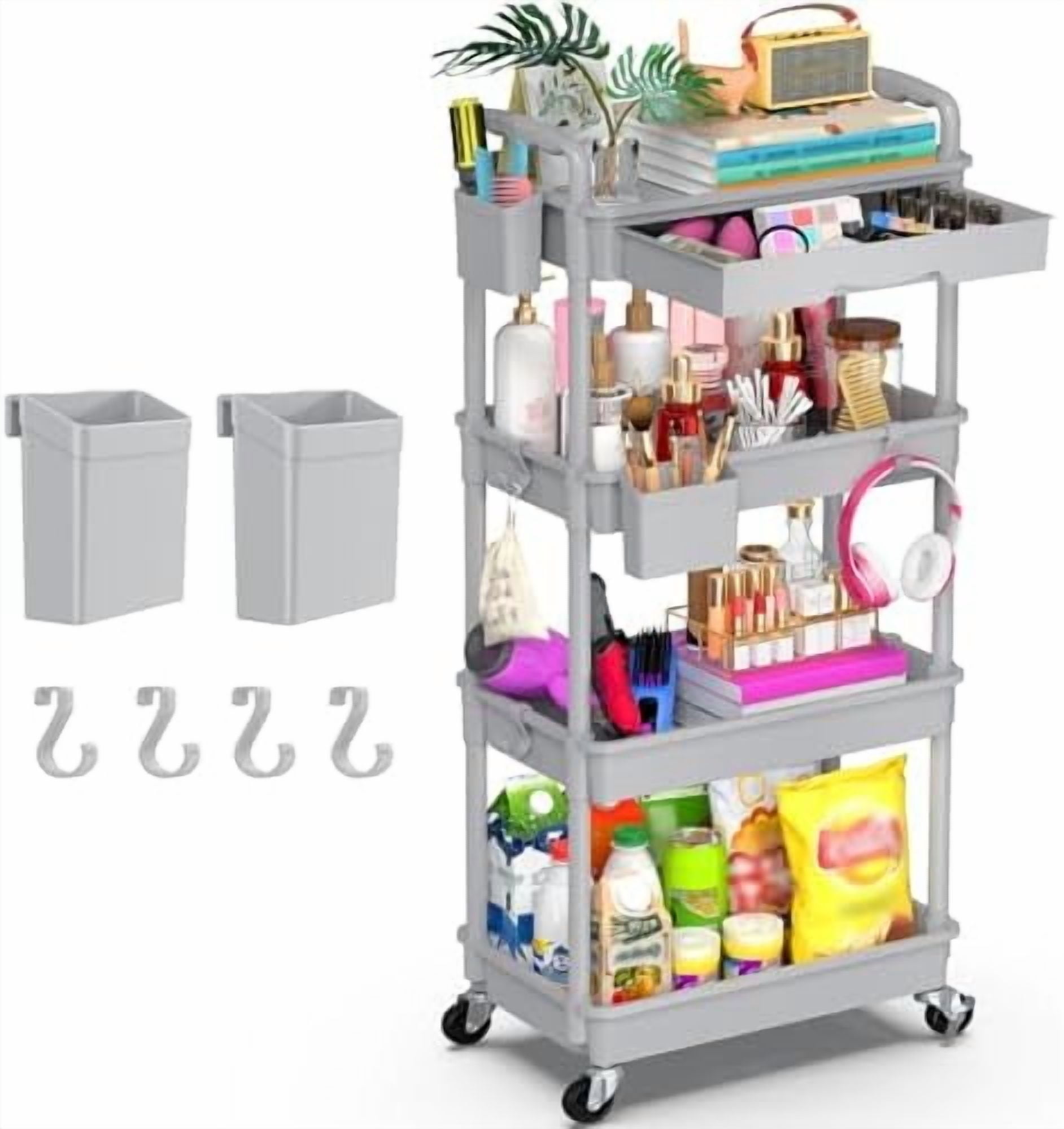 4 Tier Rolling Utility Cart Organizer with Removable Drawer, Stable and ...