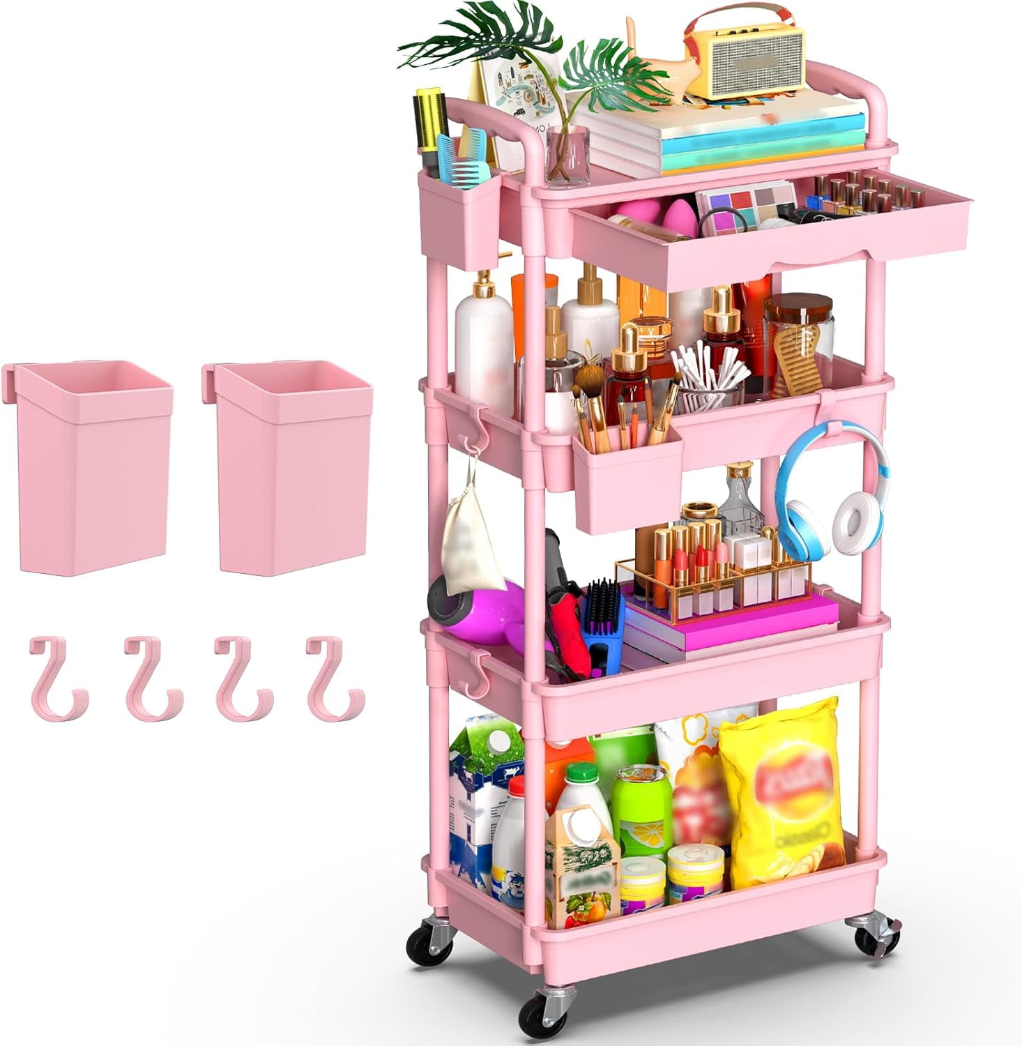 4 Tier Rolling Utility Cart Organizer with Removable Drawer, Stable and ...