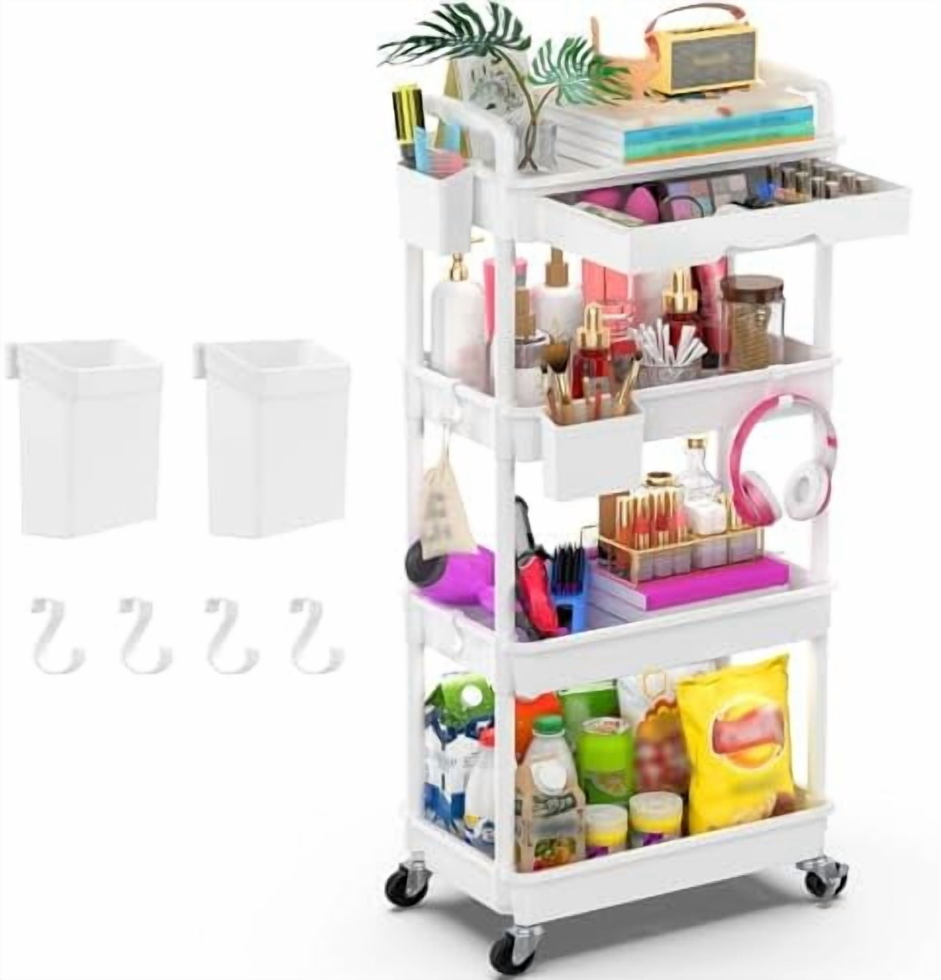 4 Tier Rolling Utility Cart Organizer with Removable Drawer, Stable and ...