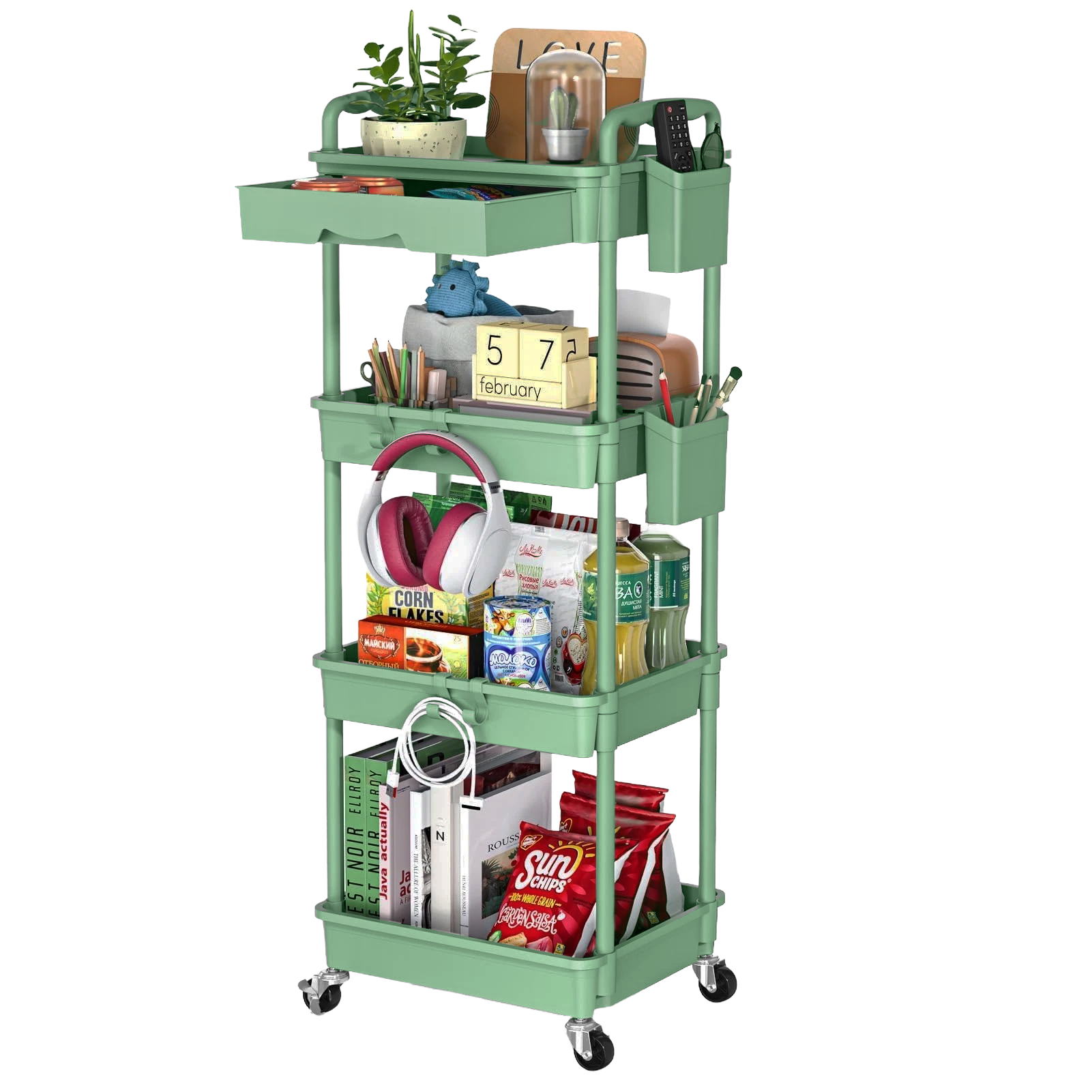 4 Tier Rolling Utility Cart with Drawer,Green,With Drawer & Extended ...