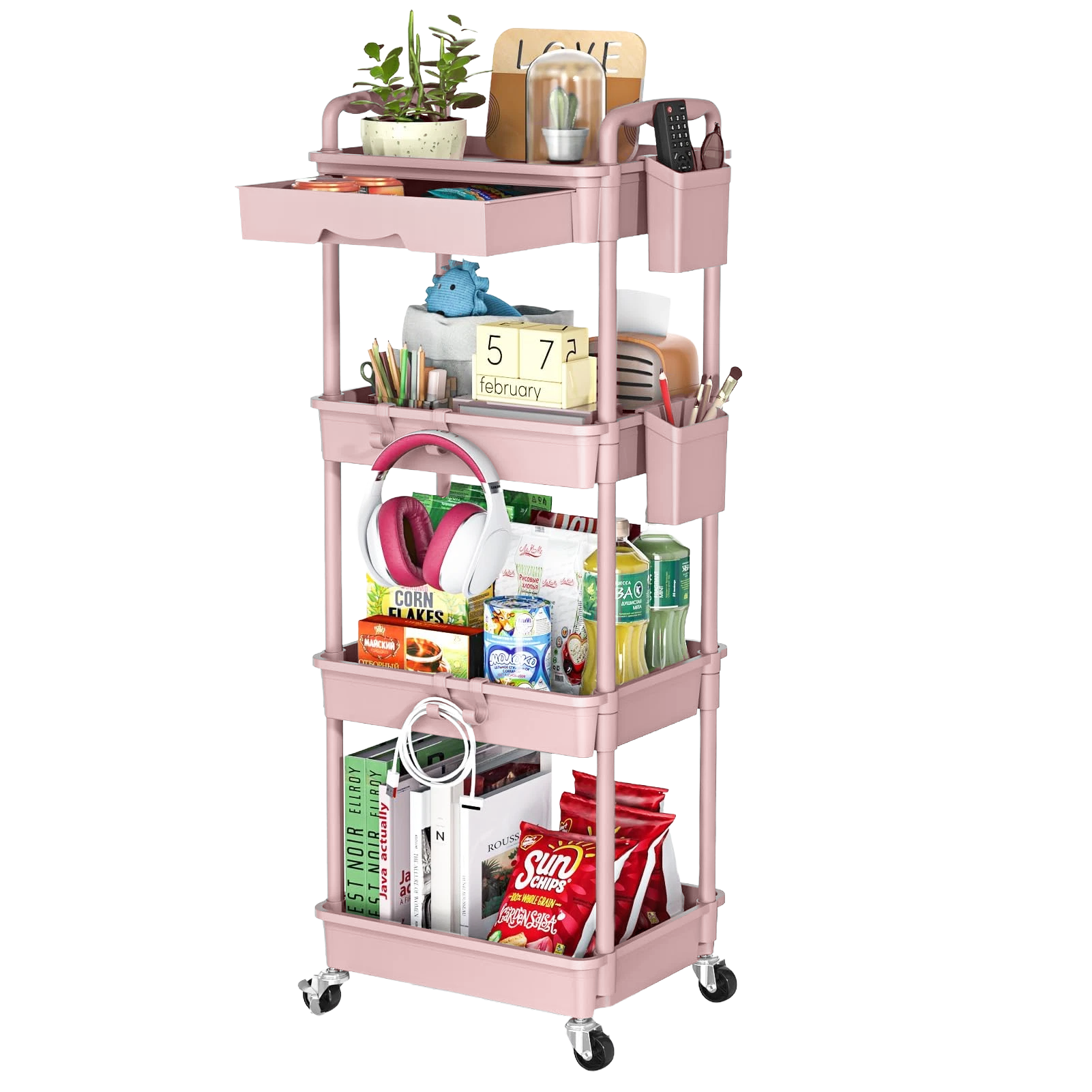 4 Tier Rolling Utility Cart with Drawer,Pink,With Drawer & Extended ...