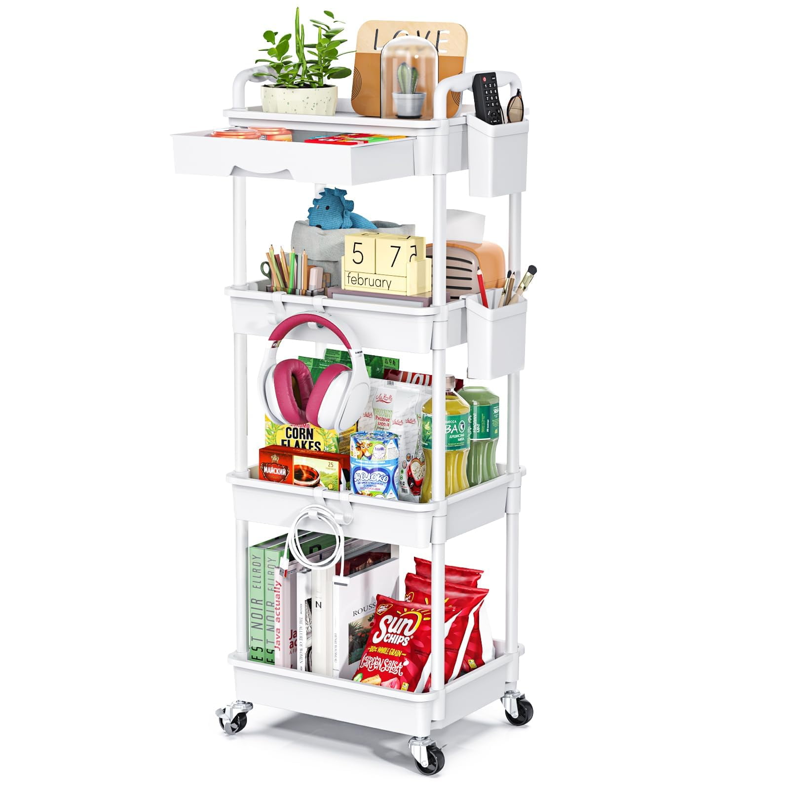 4 Tier Rolling Utility Cart with Drawer,With Drawer & Extended Poles ...