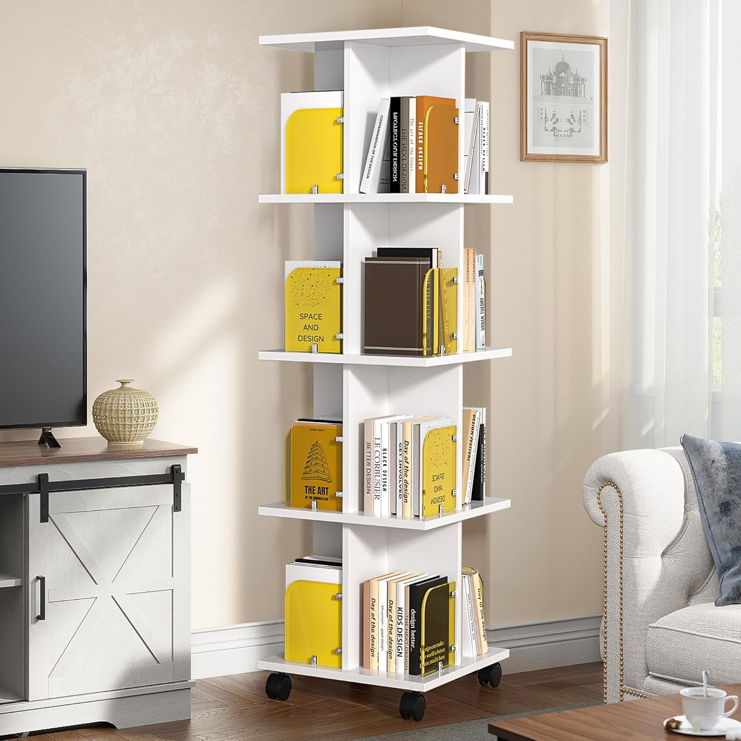 4 Tier Rotating Bookshelf,360° Corner Display Shelf with Wheels, Book ...