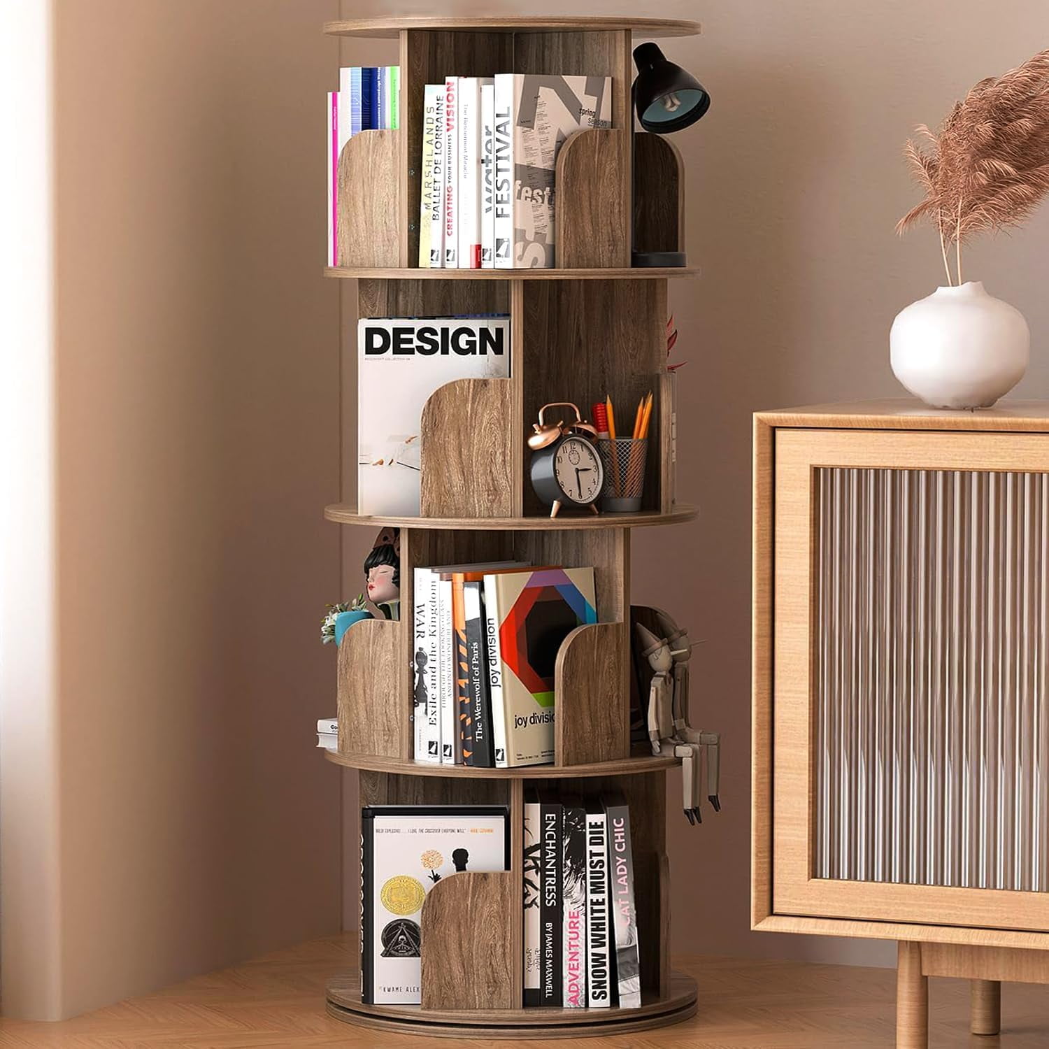 4 Tier Rotating Bookshelf, 360° Revolving Bookcase Wood Rotating ...