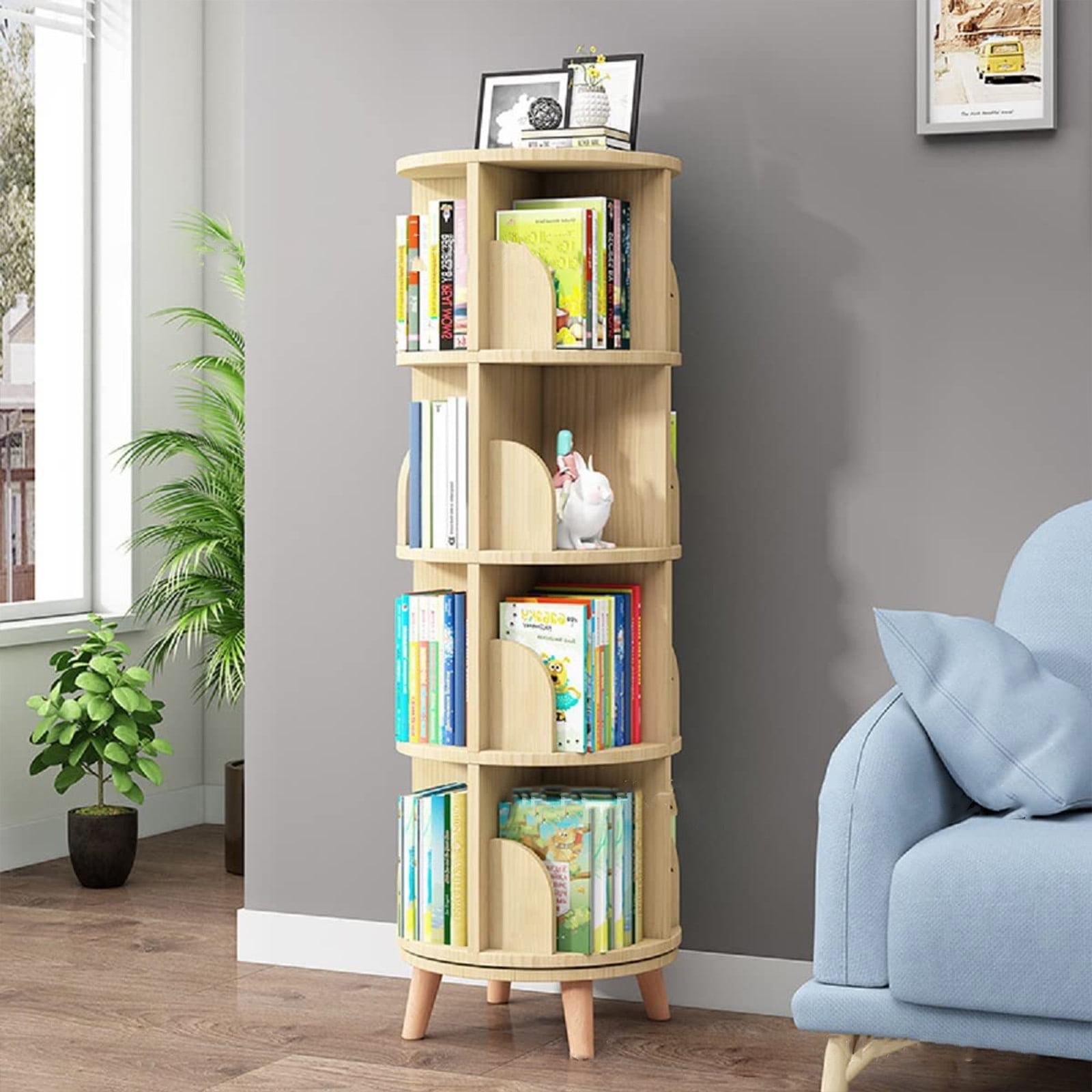 4 Tier Rotating Bookshelf 360° Spinning Bookshelf, Solid Wood Revolving ...