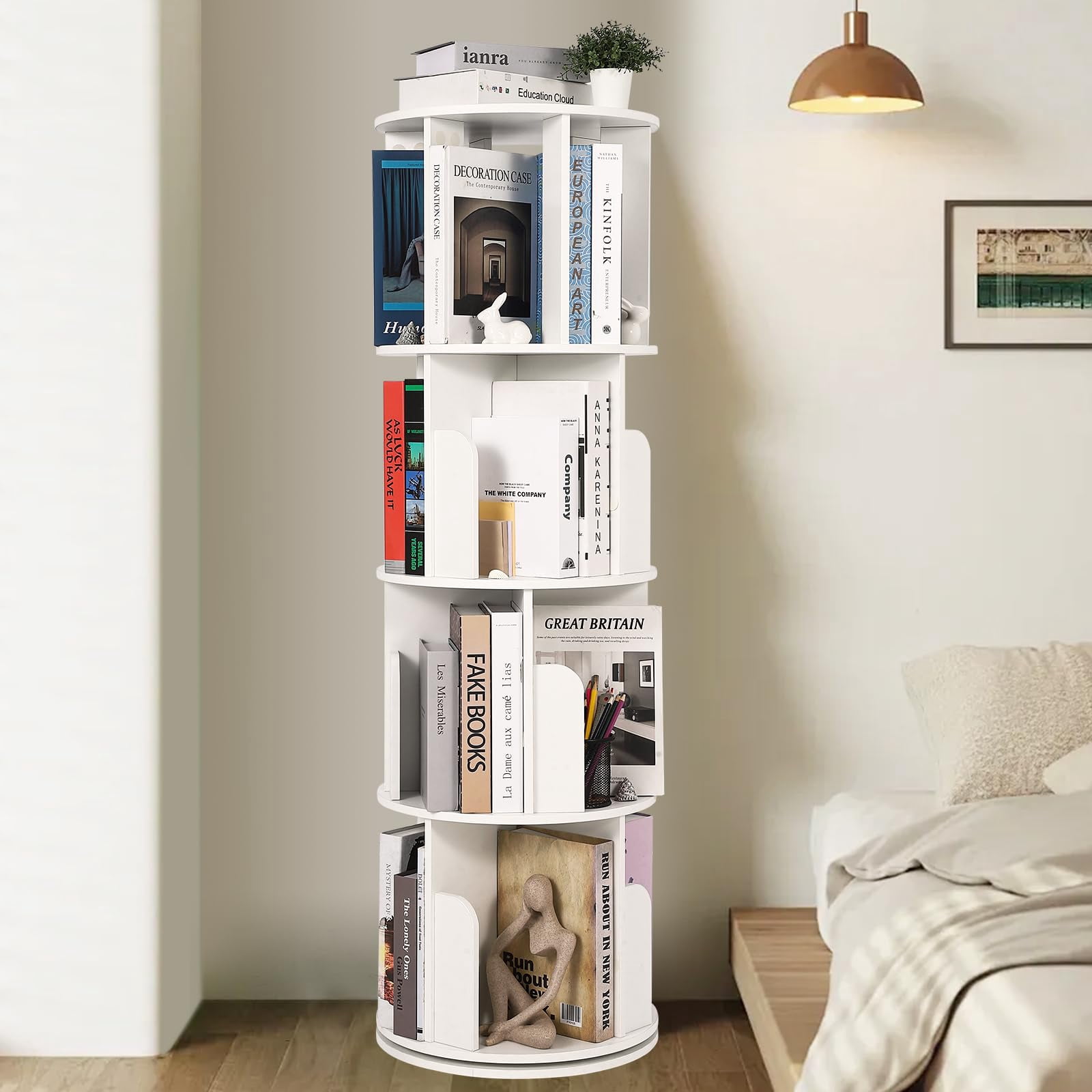 4-Tier Rotating Bookshelf 360° – Wooden Spinning Bookcase Floor Stand ...