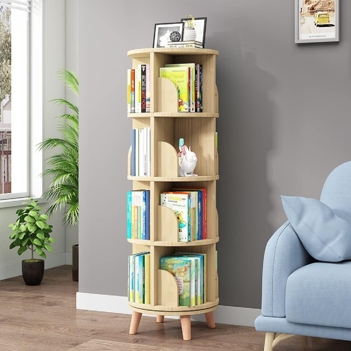 4 Tier Rotating Bookshelf with Legs, Floor Standing Bookshelf Stackable ...