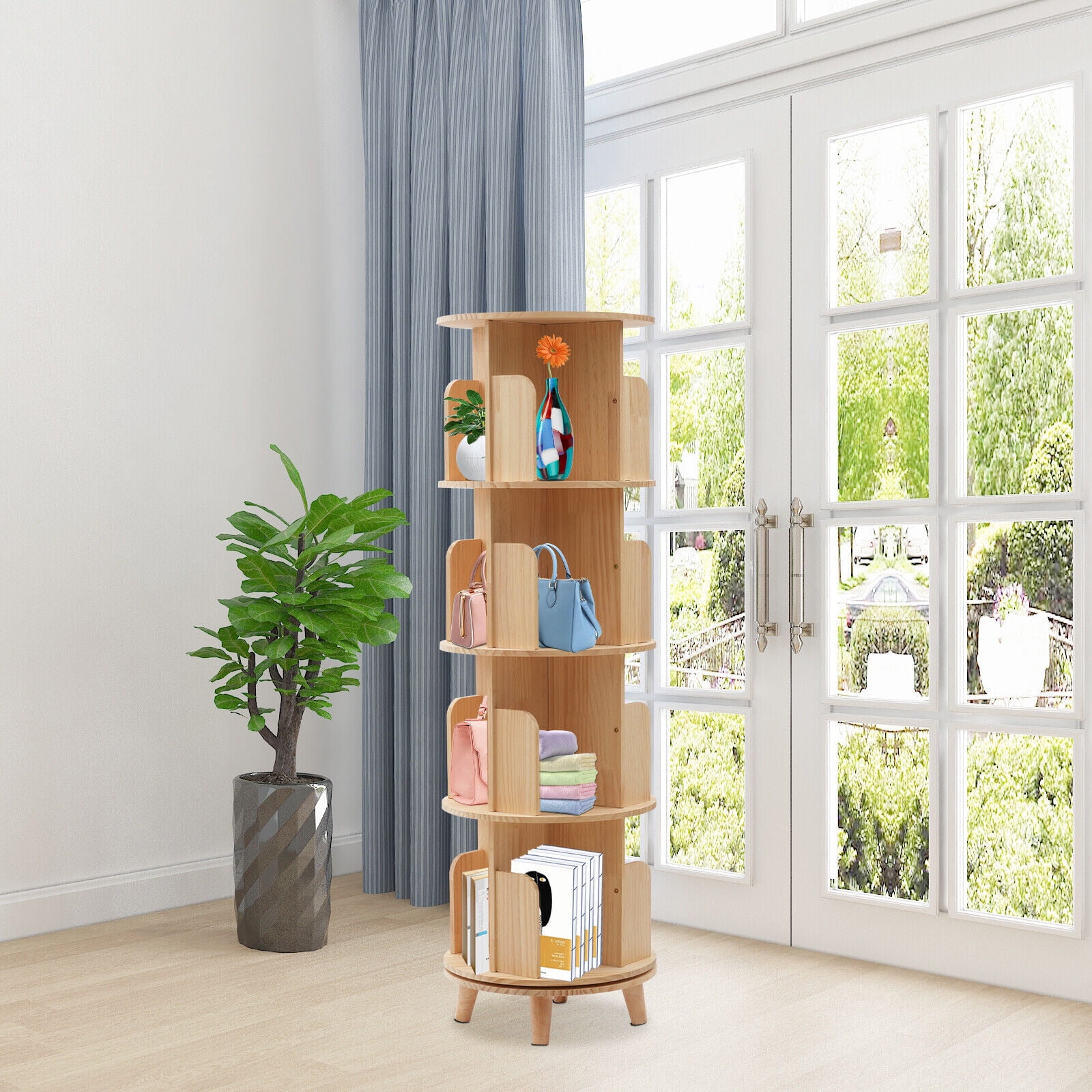 4 Tier Rotating Bookshelf with Legs, Floor Standing Bookshelf Stackable ...