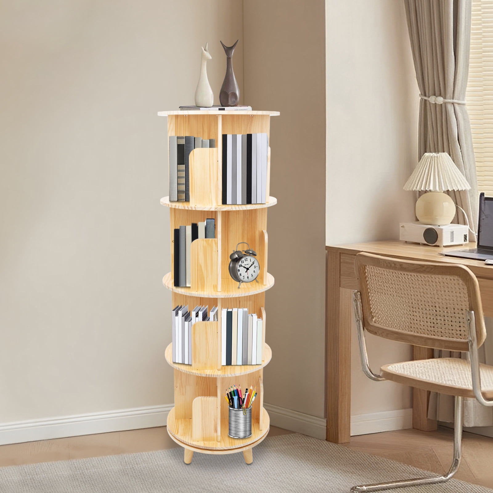 4-Tier Rotating Bookshelf, Pine Wood with Reinforced Chassis, Ideal for ...