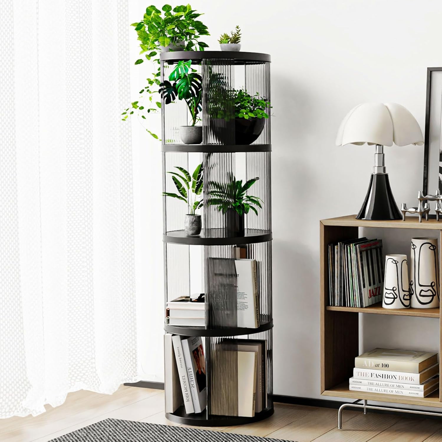 4 Tier Rotating Bookshelf, Small Corner Bookshelf for Small Space, 360 ...
