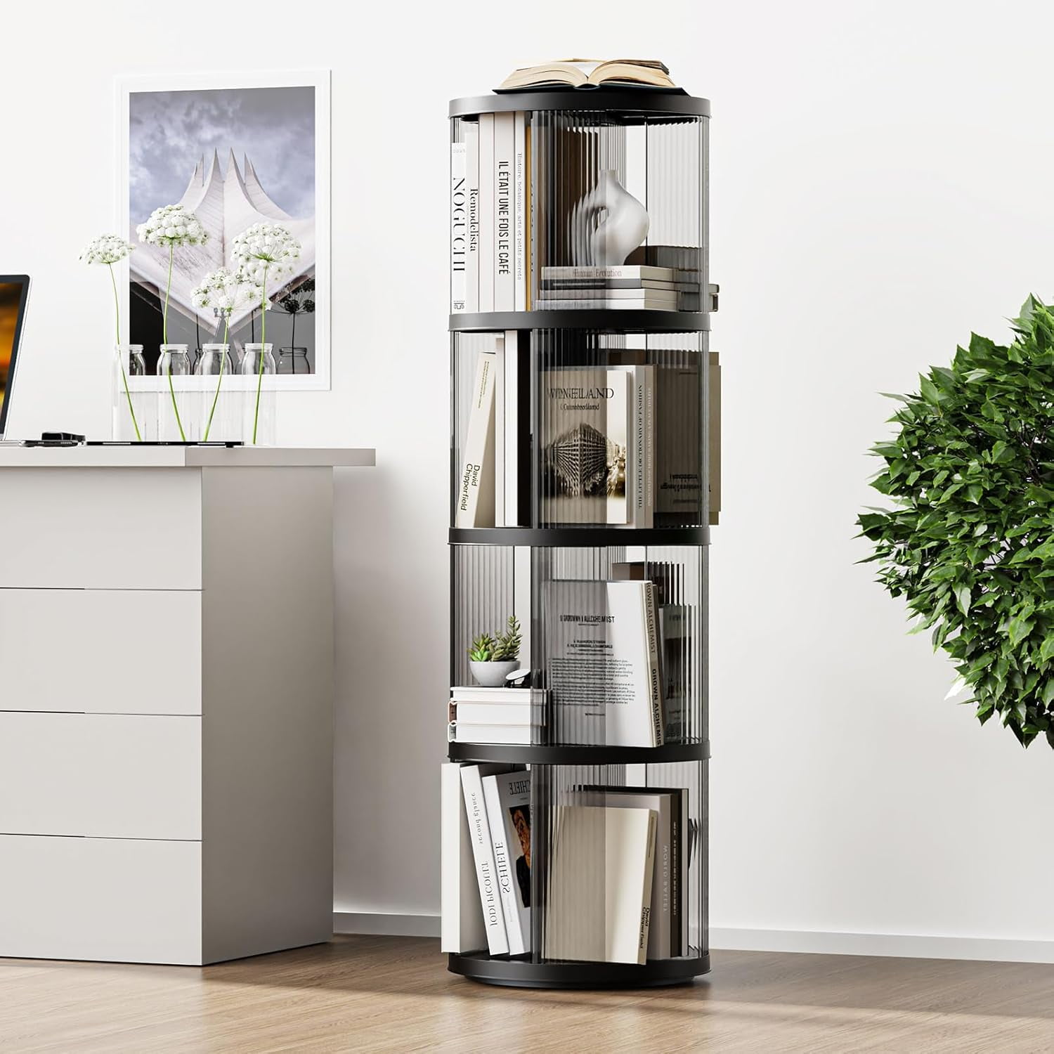 4 Tier Rotating Bookshelf, Small Corner Bookshelf for Small Space, 360 ...