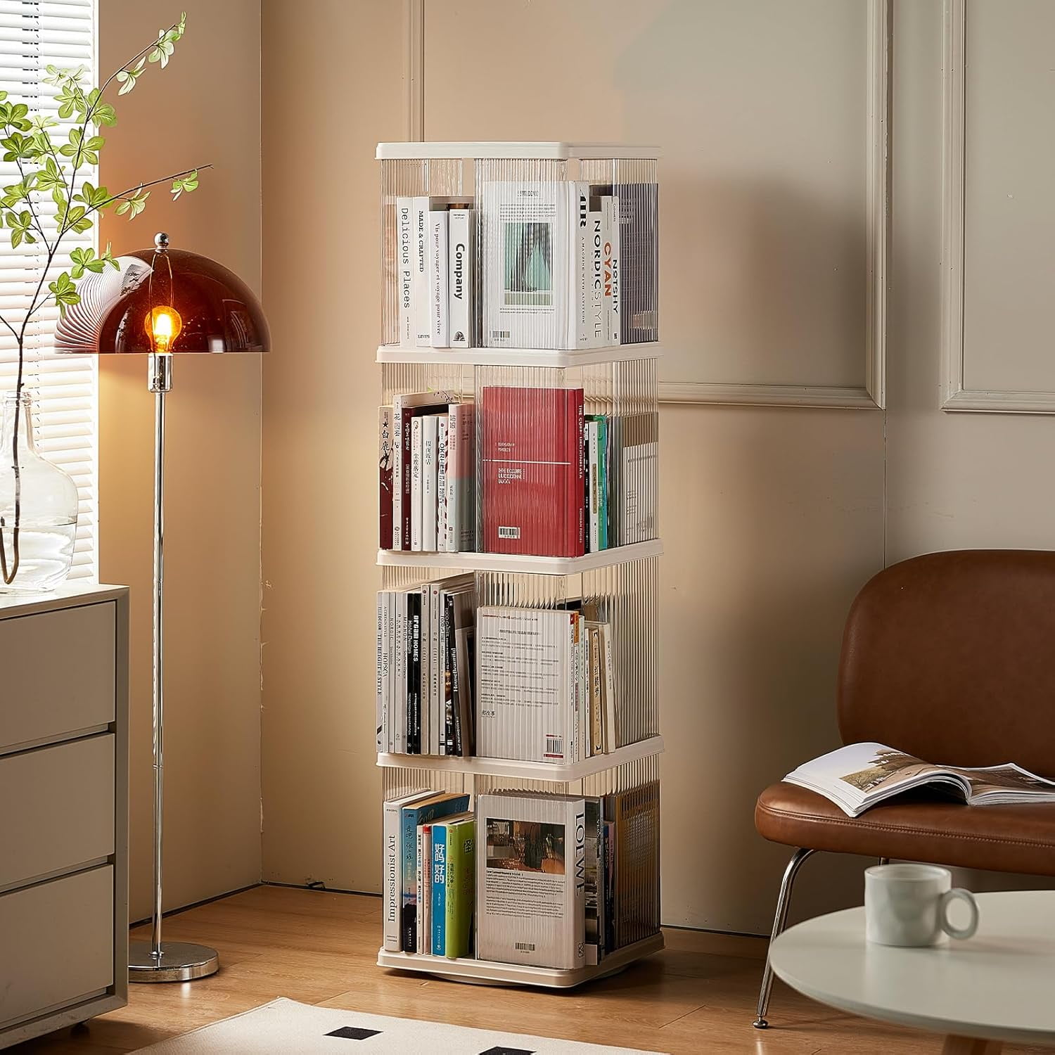 4 Tier Rotating Bookshelf, Small Corner Bookshelf for Small Space, 360 ...