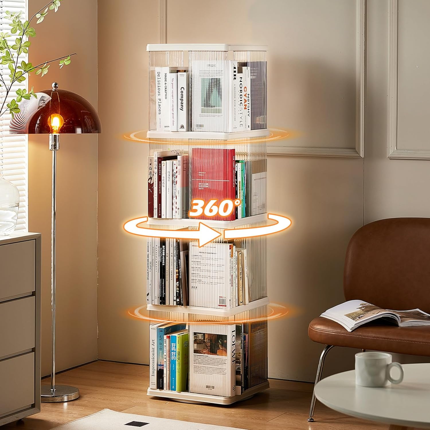 4 Tier Rotating Bookshelf, Small Corner Bookshelf for Small Space, 360 ...