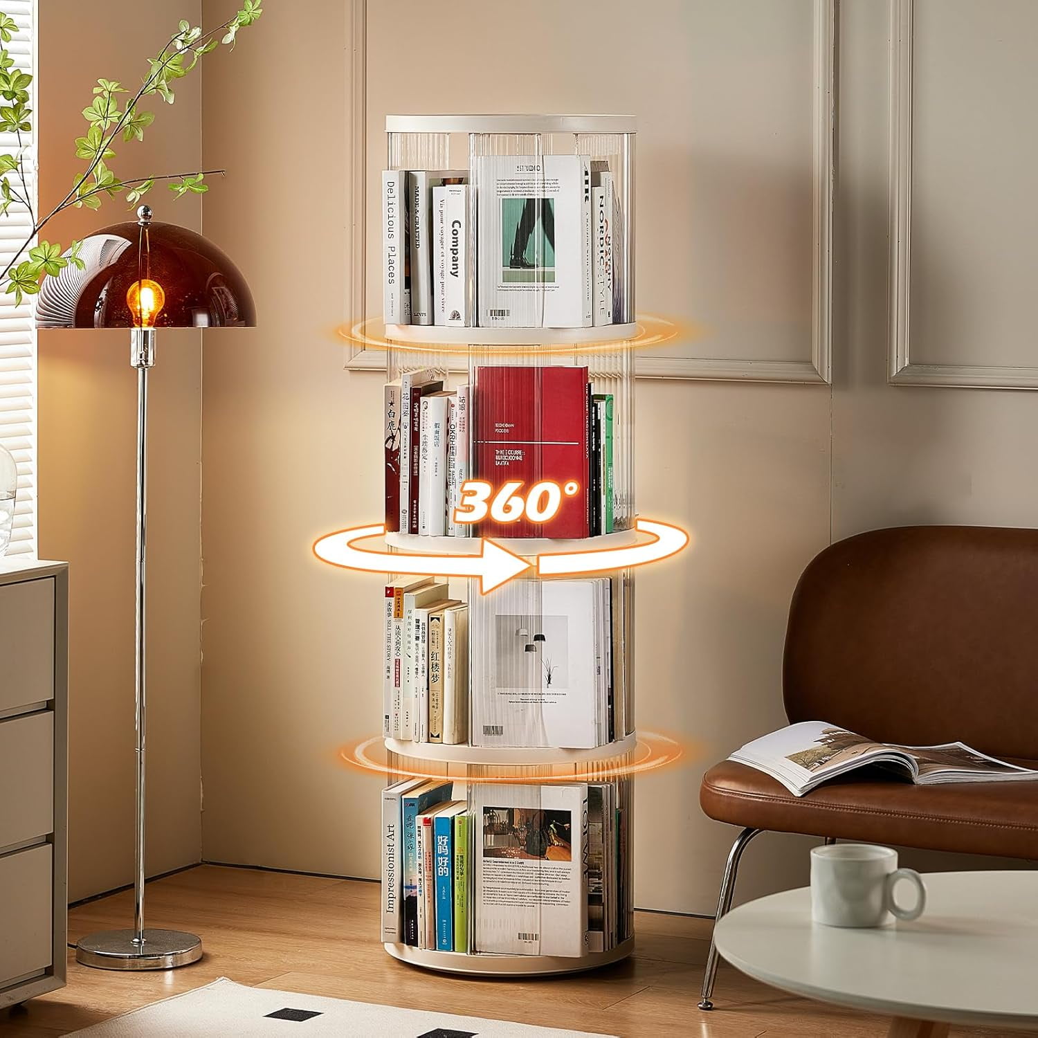 4 Tier Rotating Bookshelf, Small Corner Bookshelf for Small Space, 360 ...
