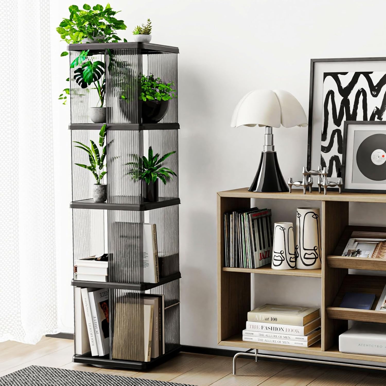 4 Tier Rotating Bookshelf, Small Corner Bookshelf for Small Space, 360 ...