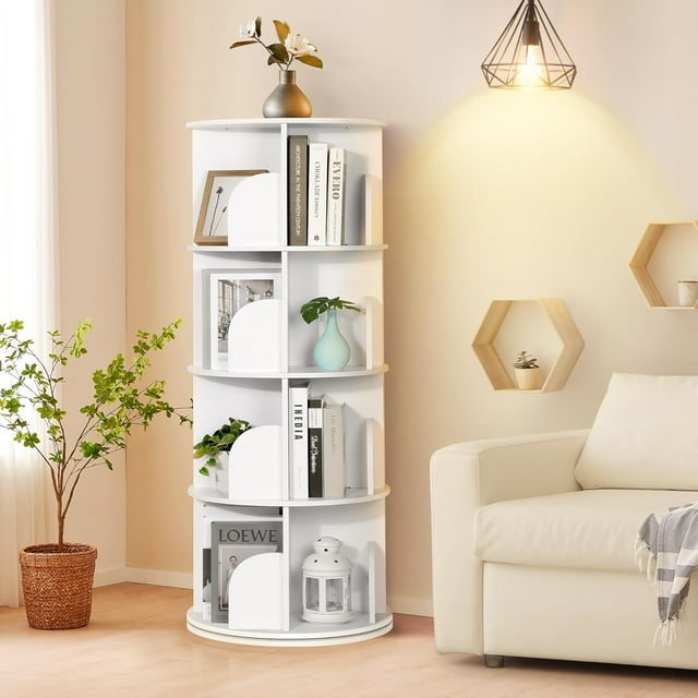 4-Tier Rotating Bookshelf Tower, 360° Spinning Bookcase, Revolving Book ...