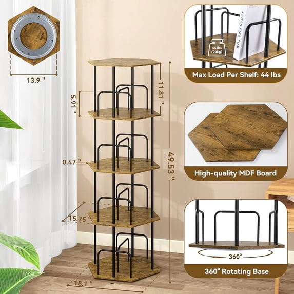 4 Tier Rotating Bookshelf Tower, Revolving 360 Spinning Hexagonal ...