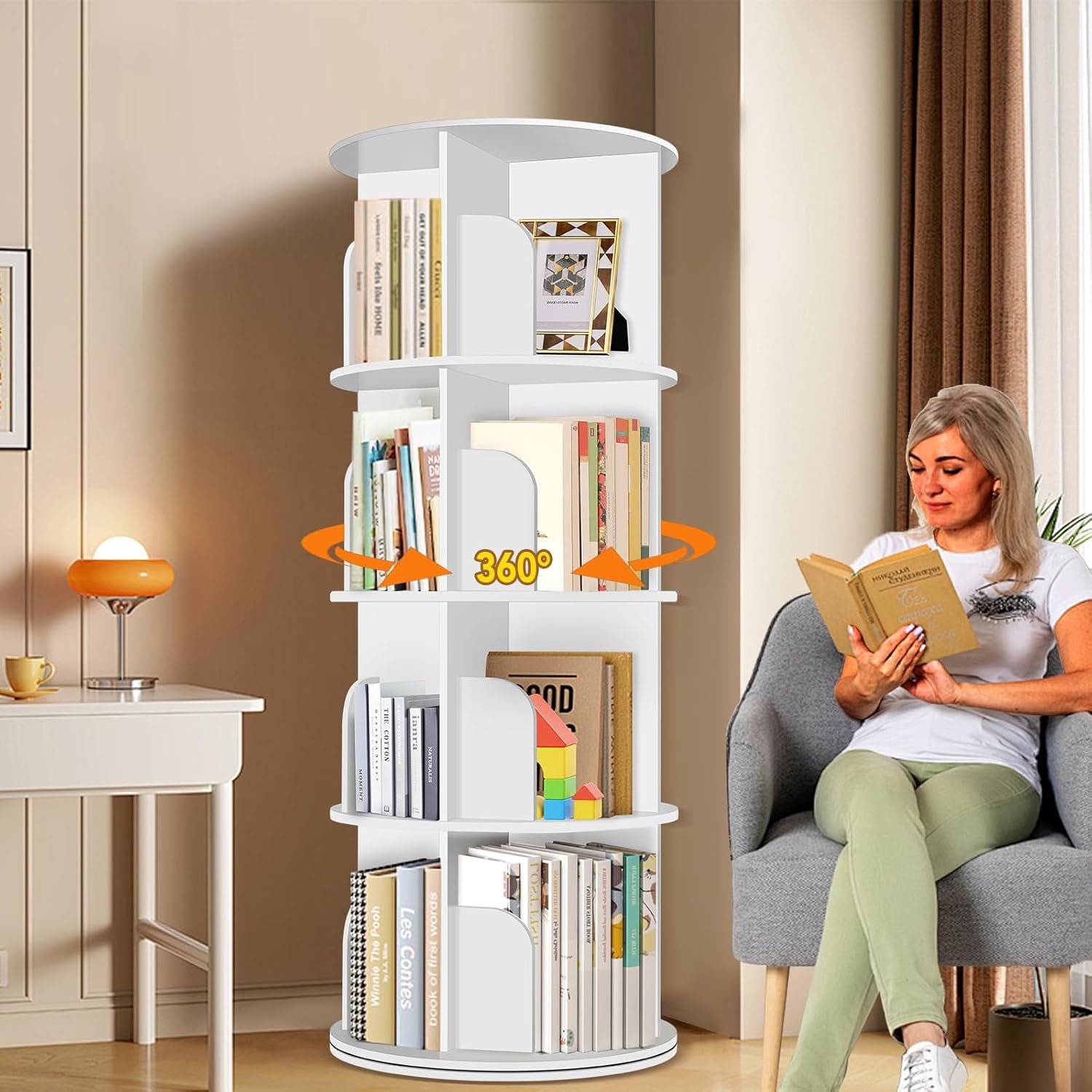 4 Tier Rotating Bookshelf Tower, Spinning Bookshelf, Revolving 360 ...