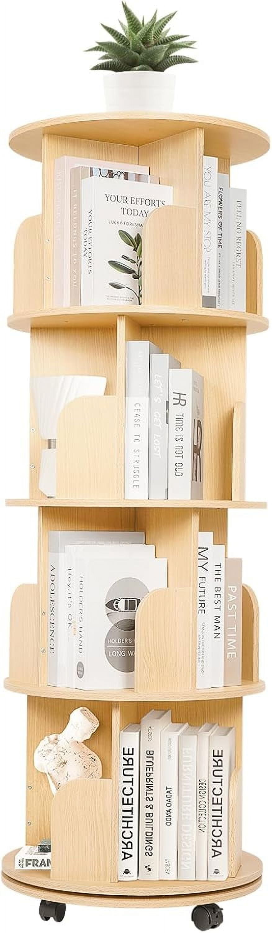 4 Tier Rotating Bookshelf Tower,Wood Revolving Bookcase with Wheels ...