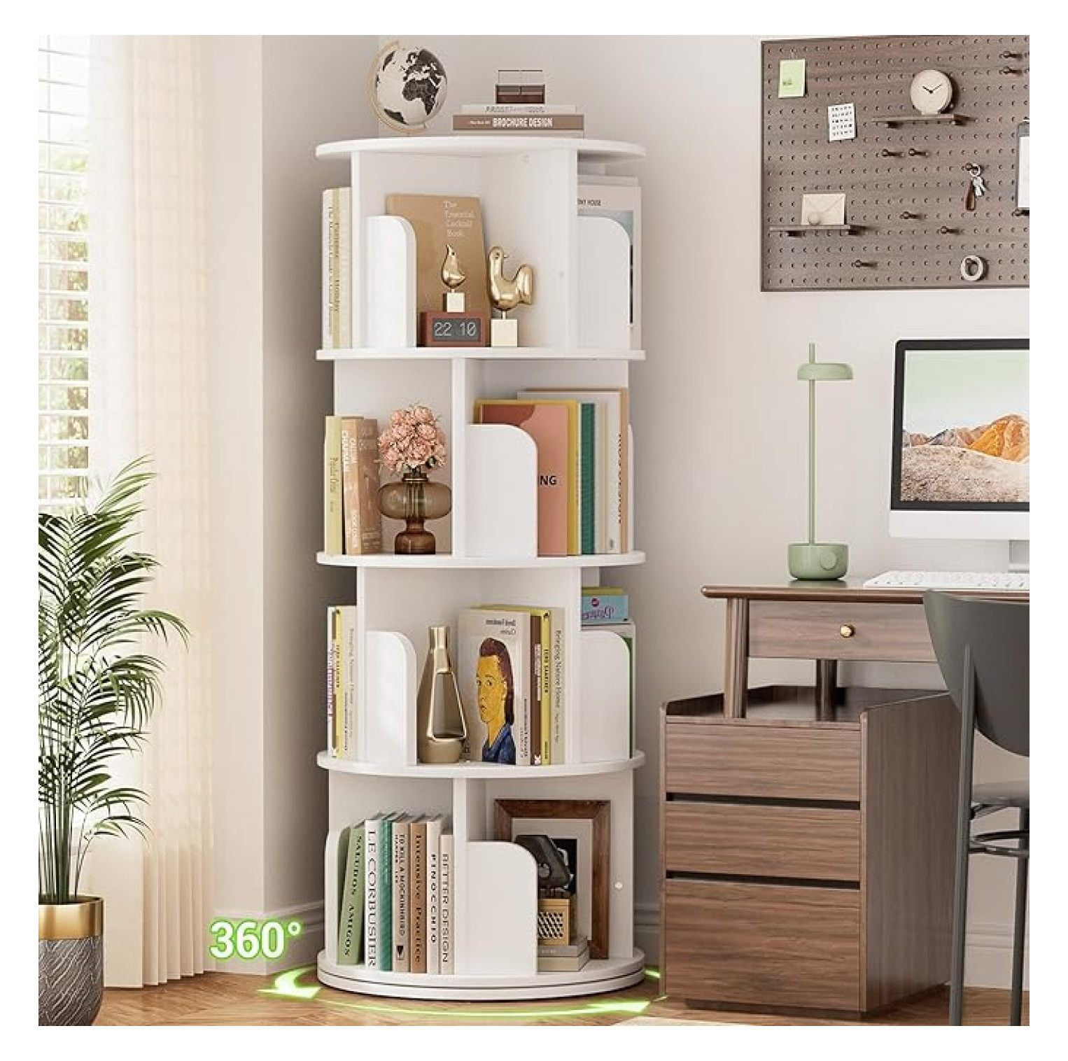 4 Tier Rotating Bookshelf, Wood Spinning Bookshelf Tower, Round ...