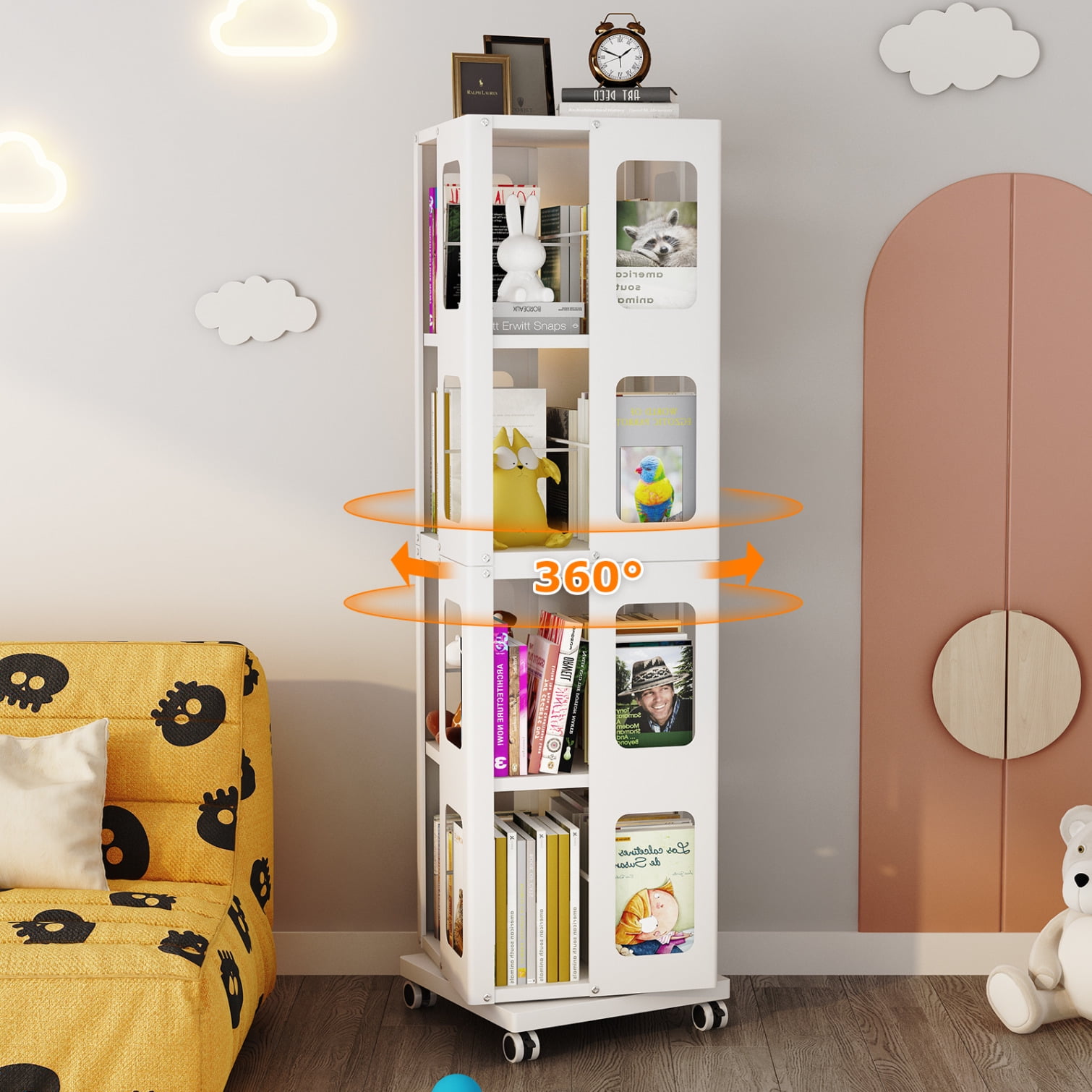 4-Tier Rotating Bookshelf with Adjustable Shelves & 360° Spin, All ...