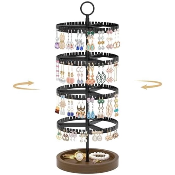 4 Tier Rotating Earring Holder Organizer Display Tree with Wooden Tray ...