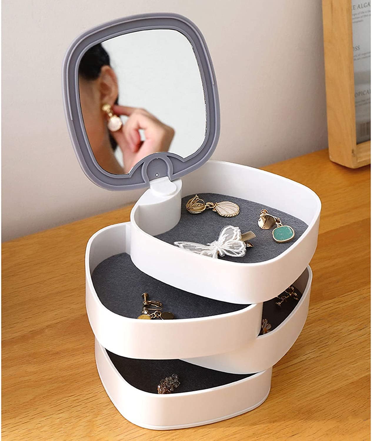 4-Tier Rotating Jewelry Organizer Box with Mirror, Modern Stacking ...