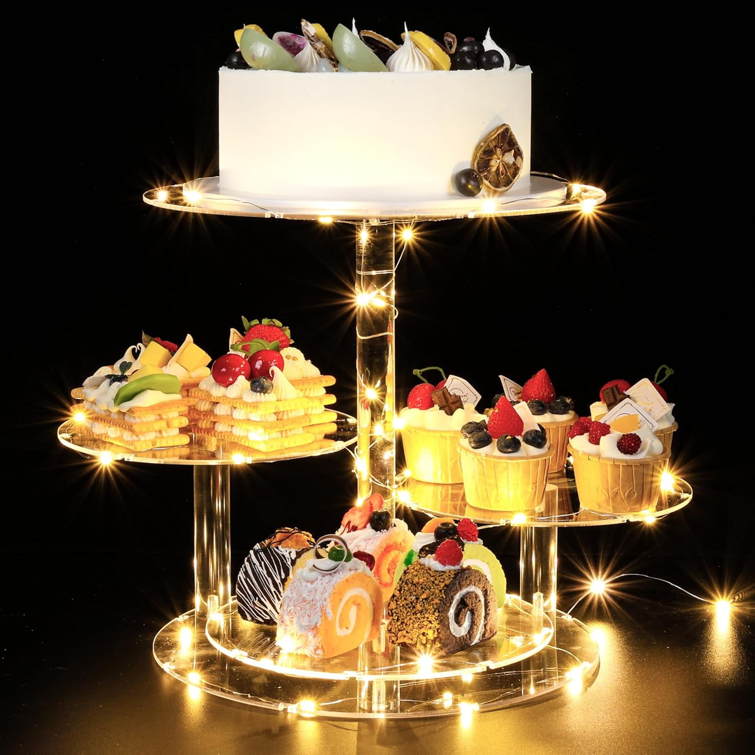 4 Tier Round Acrylic Cake Stand Cupcake Stand Tower Holder with LED ...