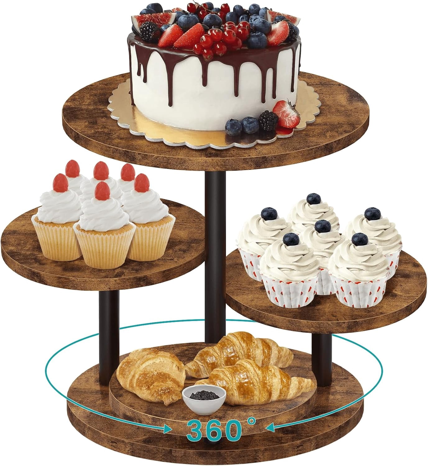 4 Tier Round Cupcake Tower Stand for 50 Cupcakes, 360° Rotating Wood ...