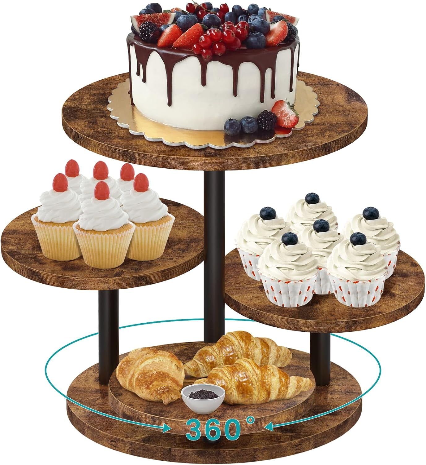 4 Tier Round Cupcake Tower Stand for 50 Cupcakes, Wooden Rotatable Cake ...