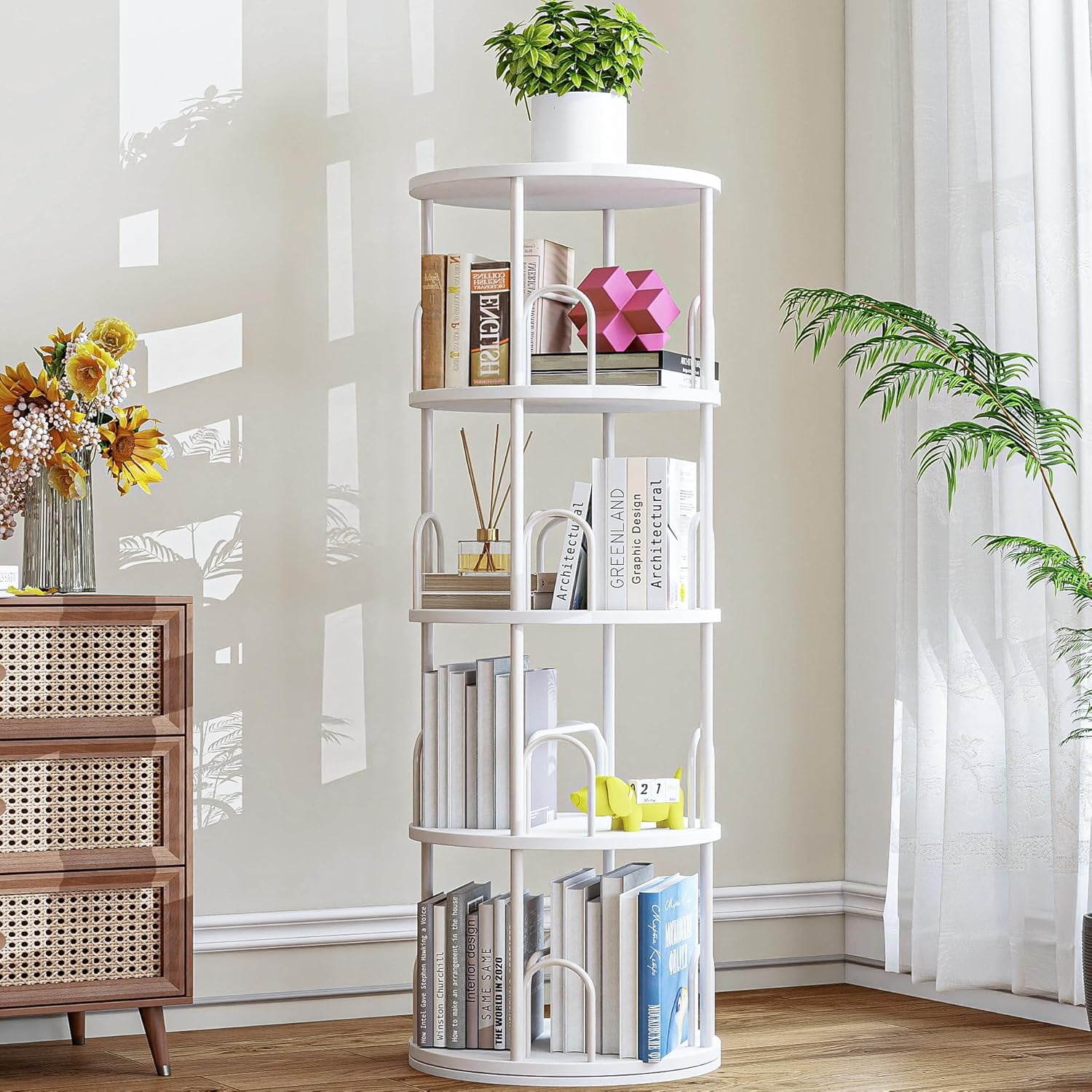 4 Tier Round Rotating Bookshelf Revolving Bookcase, 360? Spinning Book ...