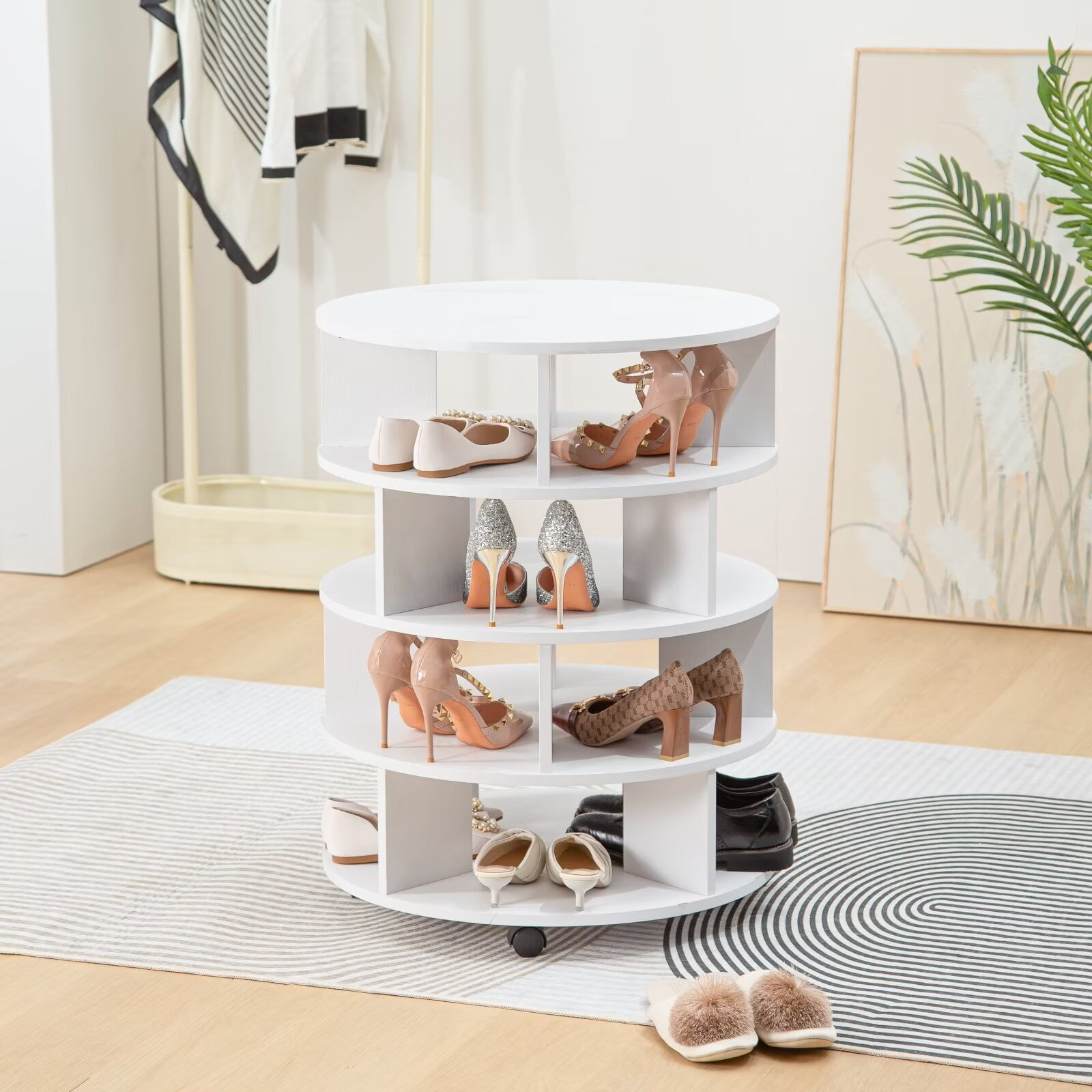 4 Tier Round Rotating Shoe Rack on 360 Degree Wheels, Sturdy Wood Frame ...