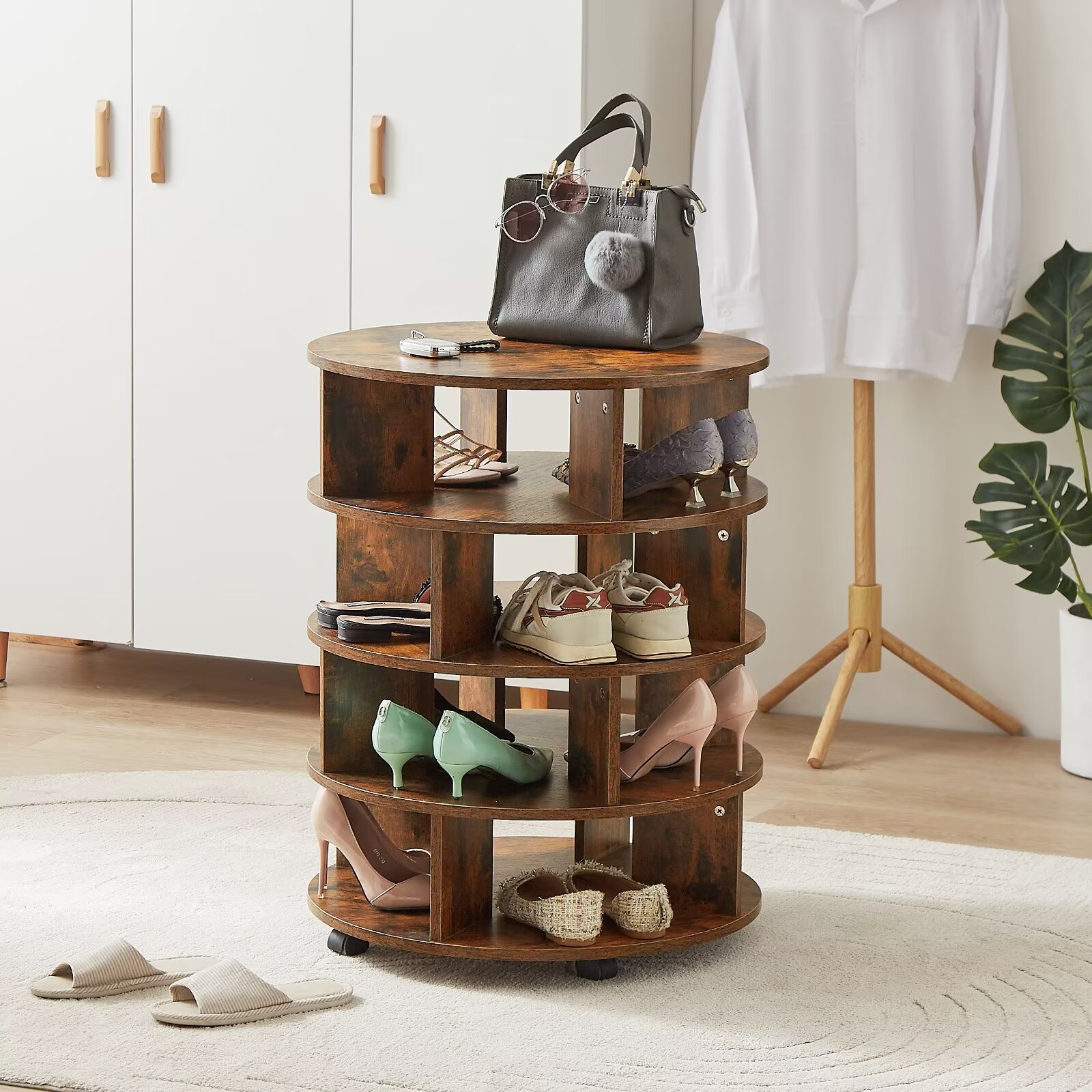 4 Tier Round Rotating Shoe Rack on 360 Degree Wheels, Sturdy Wood Frame ...