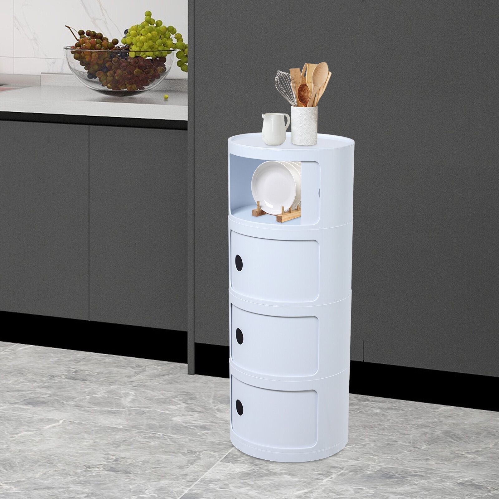 4 Tier Rounded Cabinet, Bedroom Round Nightstand Detachable End Table ...