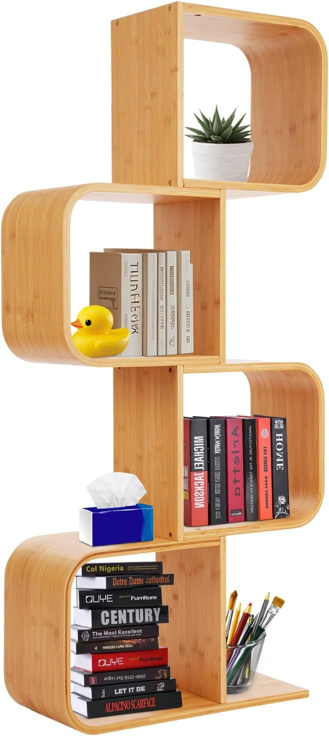 4-Tier S-Shaped Geometric Modern Bamboo Bookshelf,Floor Standing ...