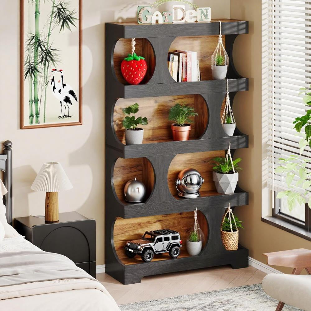 4-Tier S-Shaped Tall Wooden Bookcase - 3.15" Thick Premium MDF (Black ...