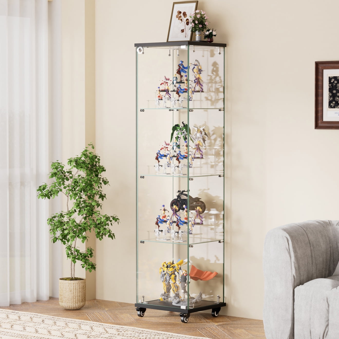 4-Tier Secure Glass Display Cabinet with Lock & Wheels, 3 Adjustable ...