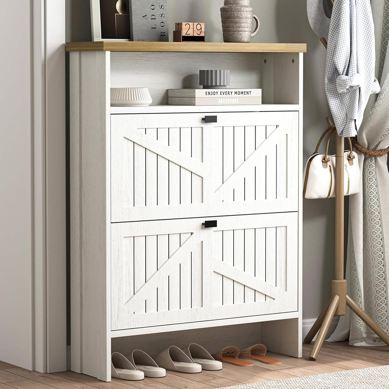 4-Tier Shoe Cabinet with Doors Farmhouse Storage Cabinet with ...