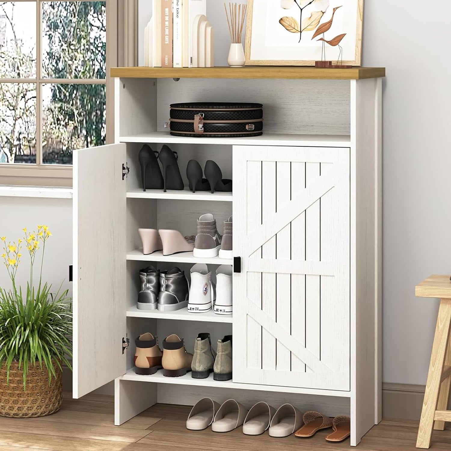 4-Tier Shoe Cabinet with Doors,Farmhouse Storage Cabinet with ...