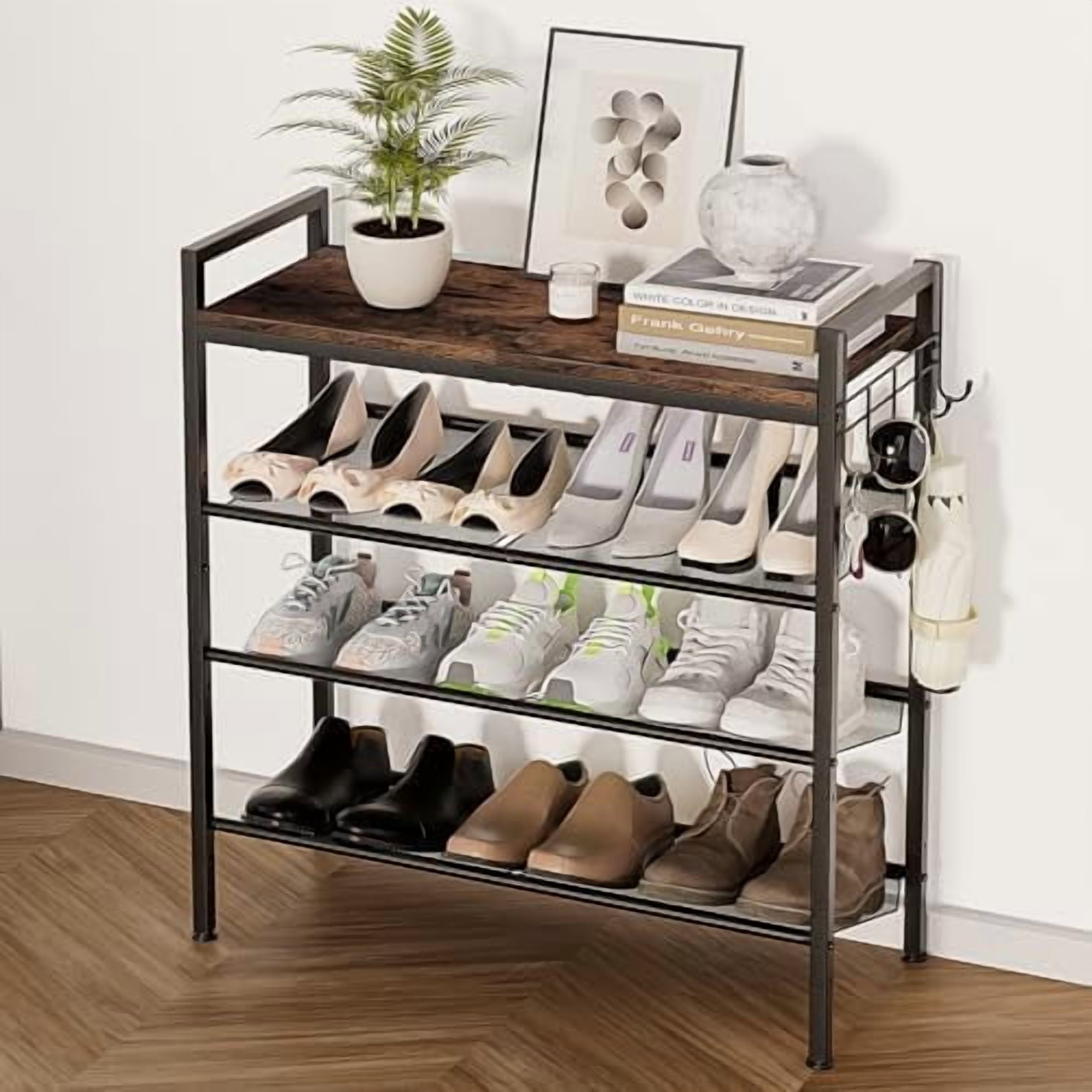4 Tier Shoe Rack, Shoe Rack for Front Door Entrance with Hook, Shoe ...