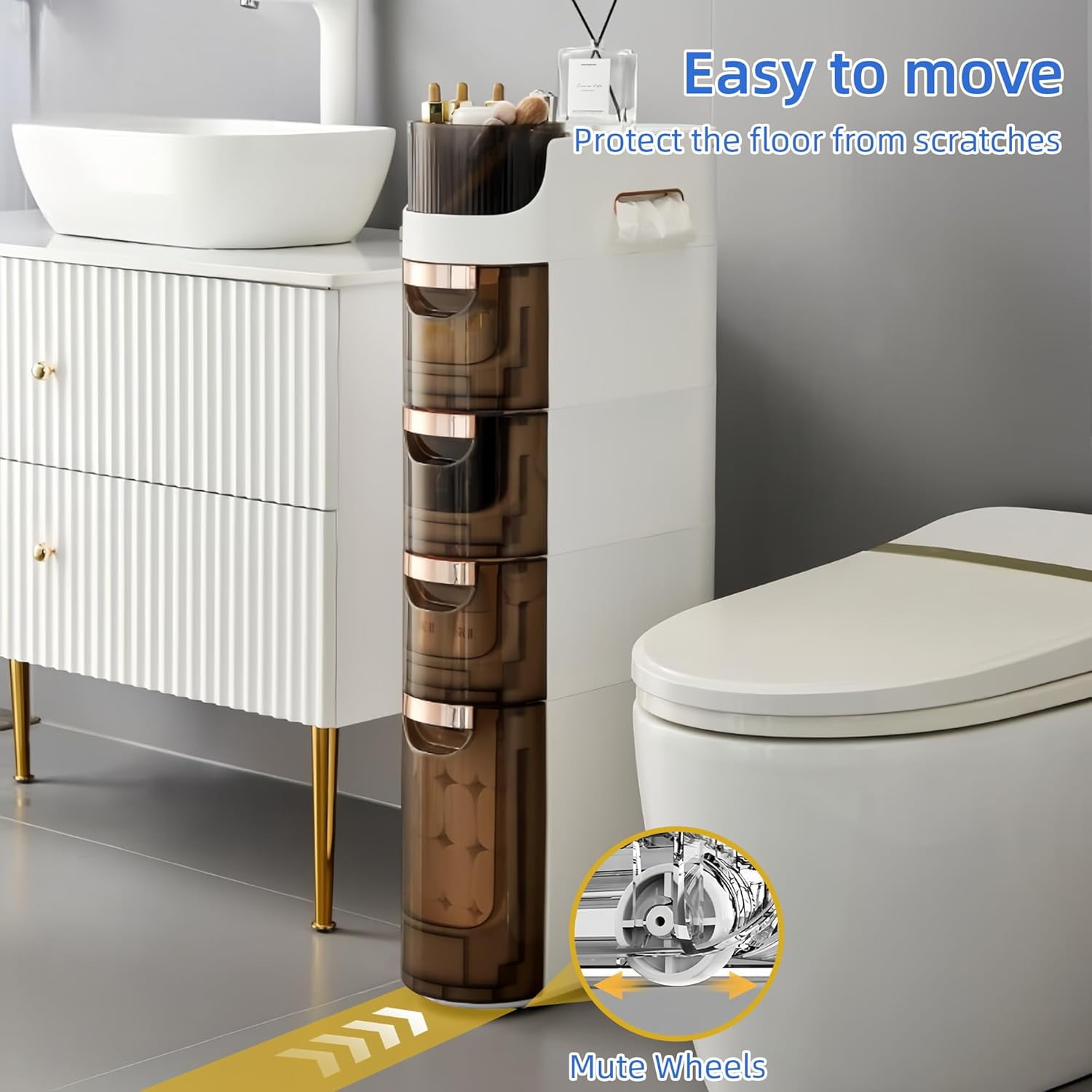 4-Tier Slim Bathroom Storage Cabinet, Plastic Narrow Organizer with ...