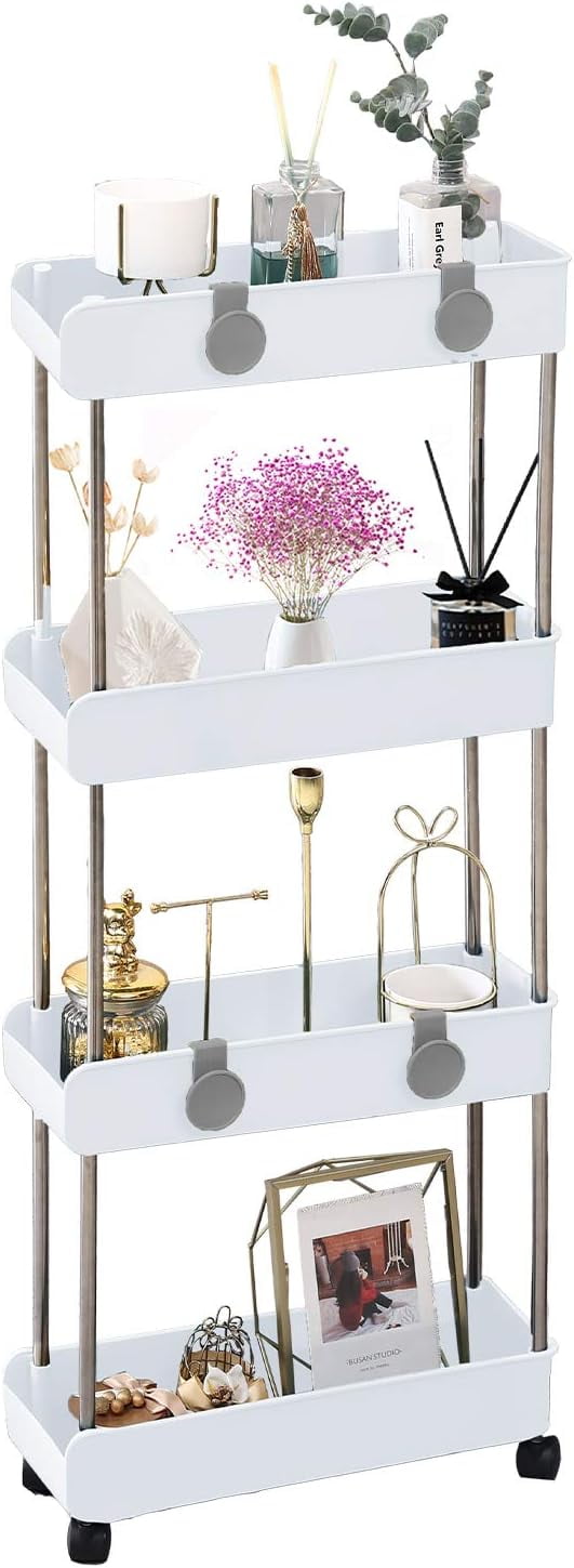 4-Tier Slim Mobile Shelving Unit with Wheels, Slide Out Movable ...
