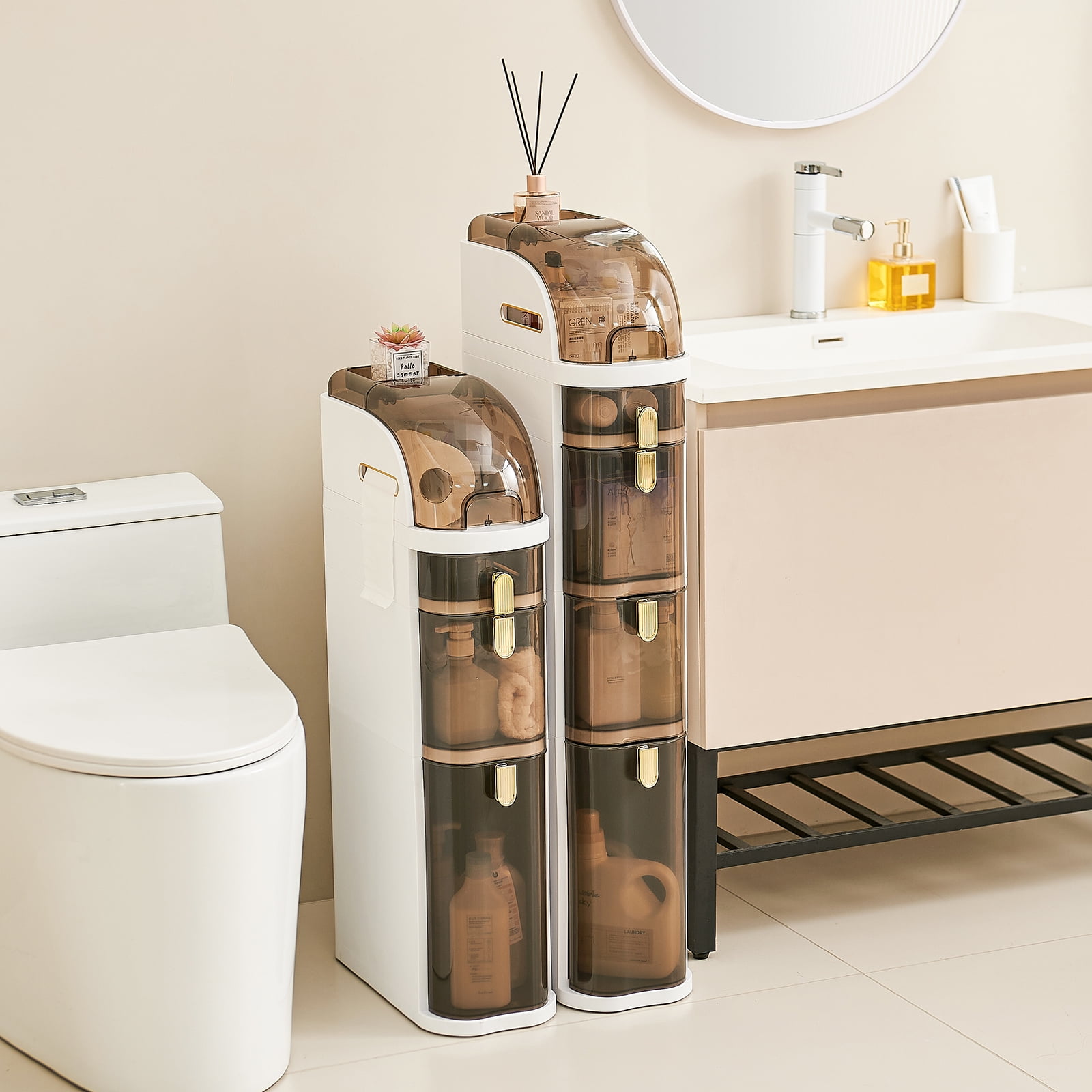 4-Tier Slim Narrow Storage Cabinet with Drawers & Built-in Tissue ...