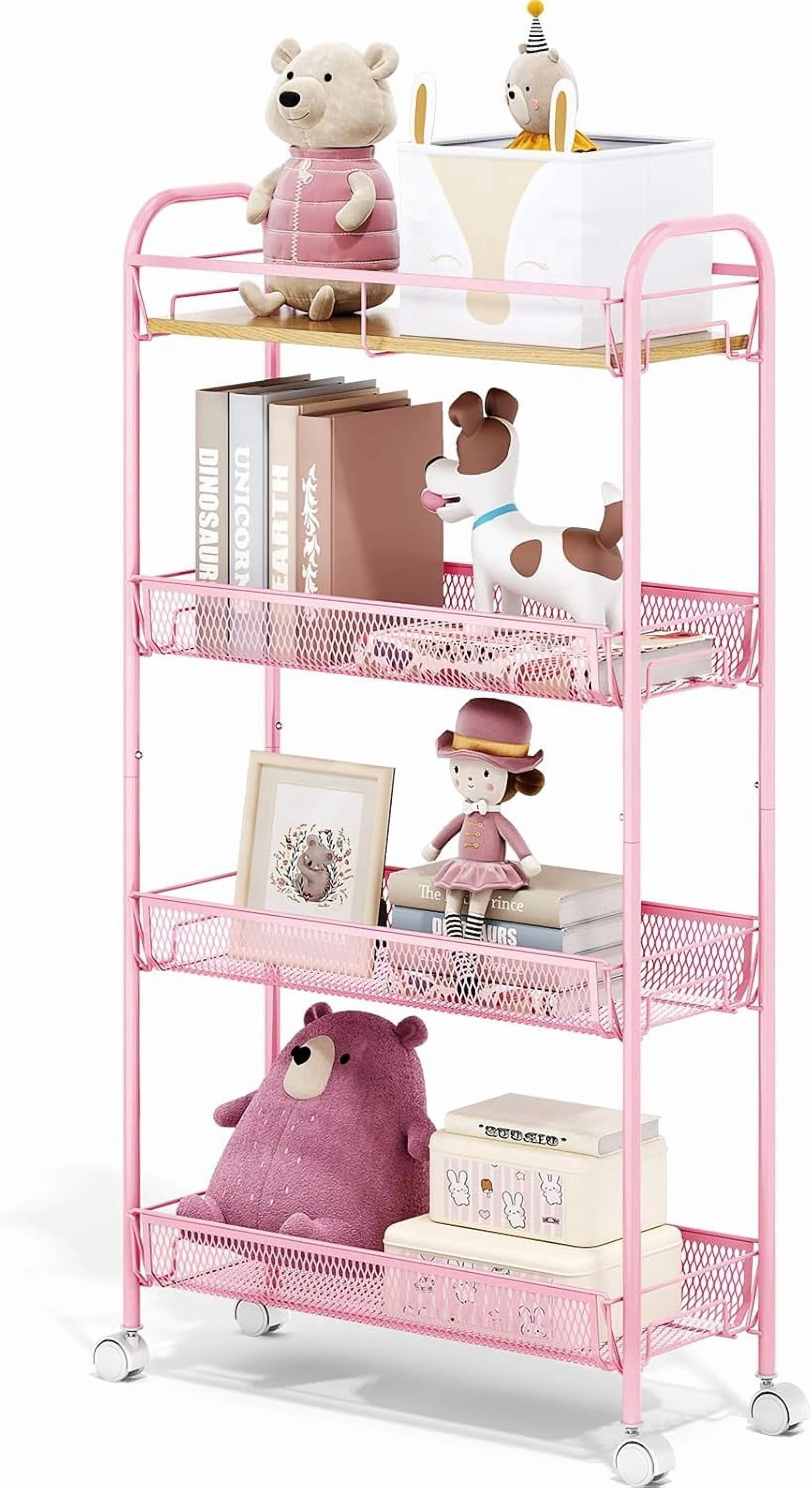 4-Tier Slim Rolling Cart, Metal Storage Cart with Wooden Tabletop and ...