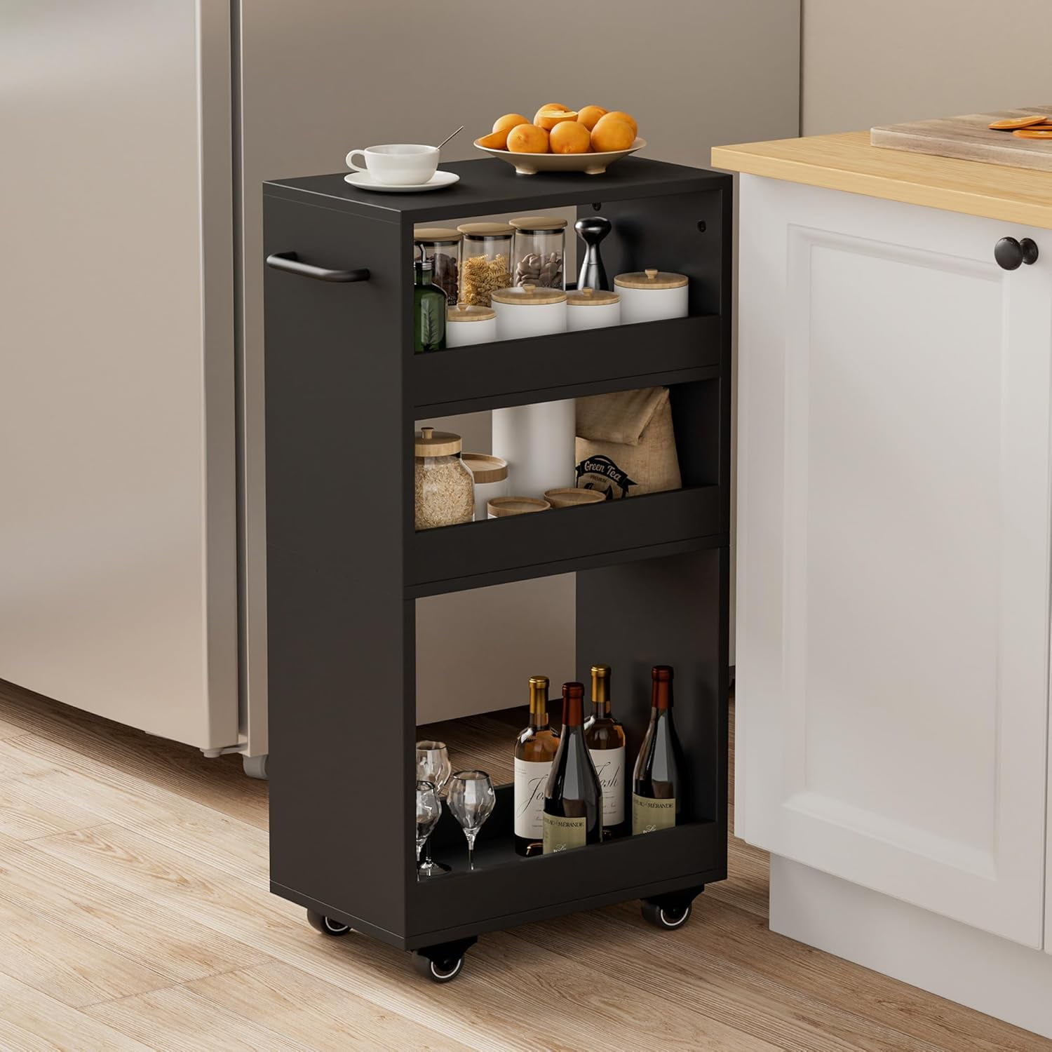 4 Tier Slim Rolling Storage Cart, Black, 7.9" Wide, Mobile Shelving ...