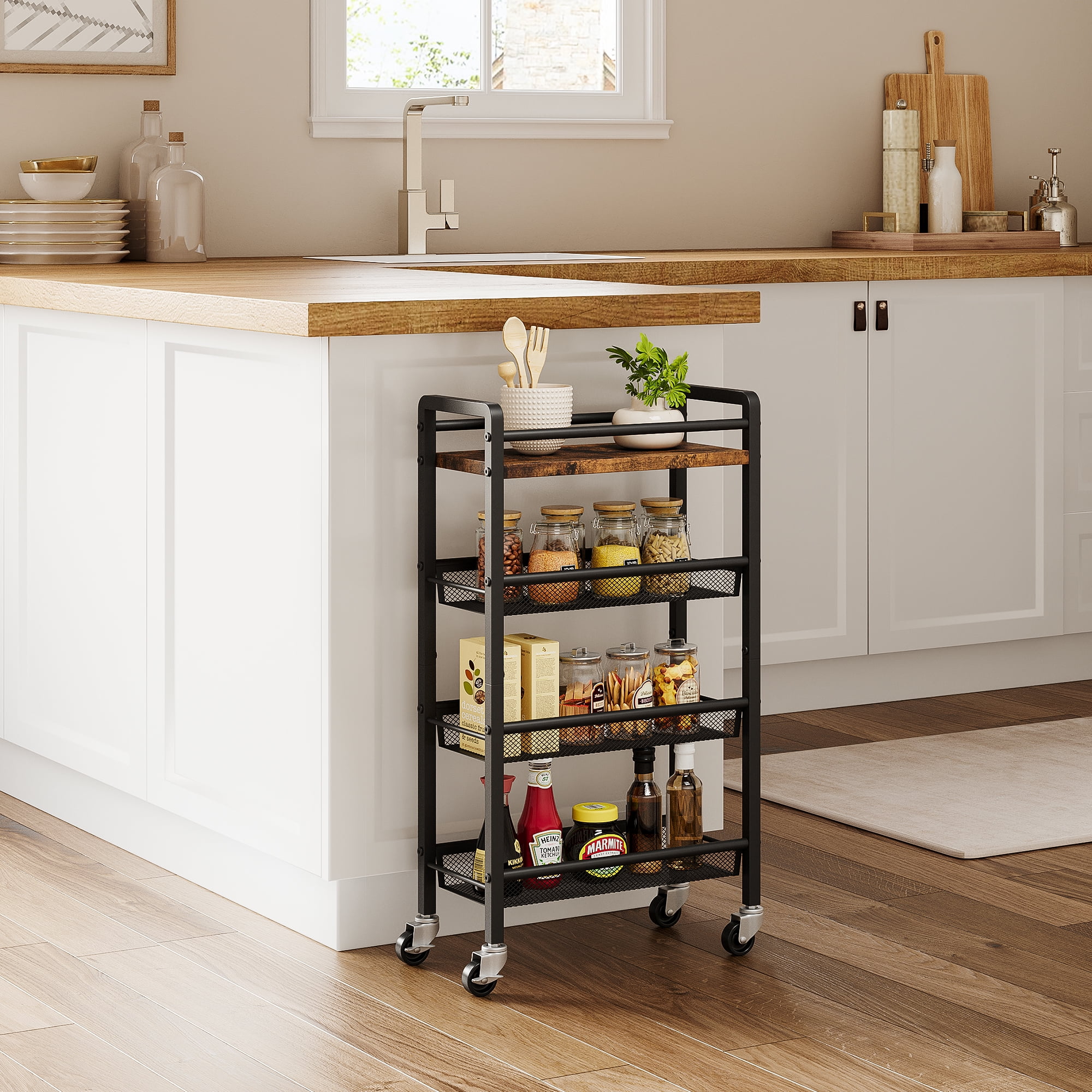 4 Tier Slim Rolling Storage Cart, Kitchen Cart with Wheels, Narrow ...